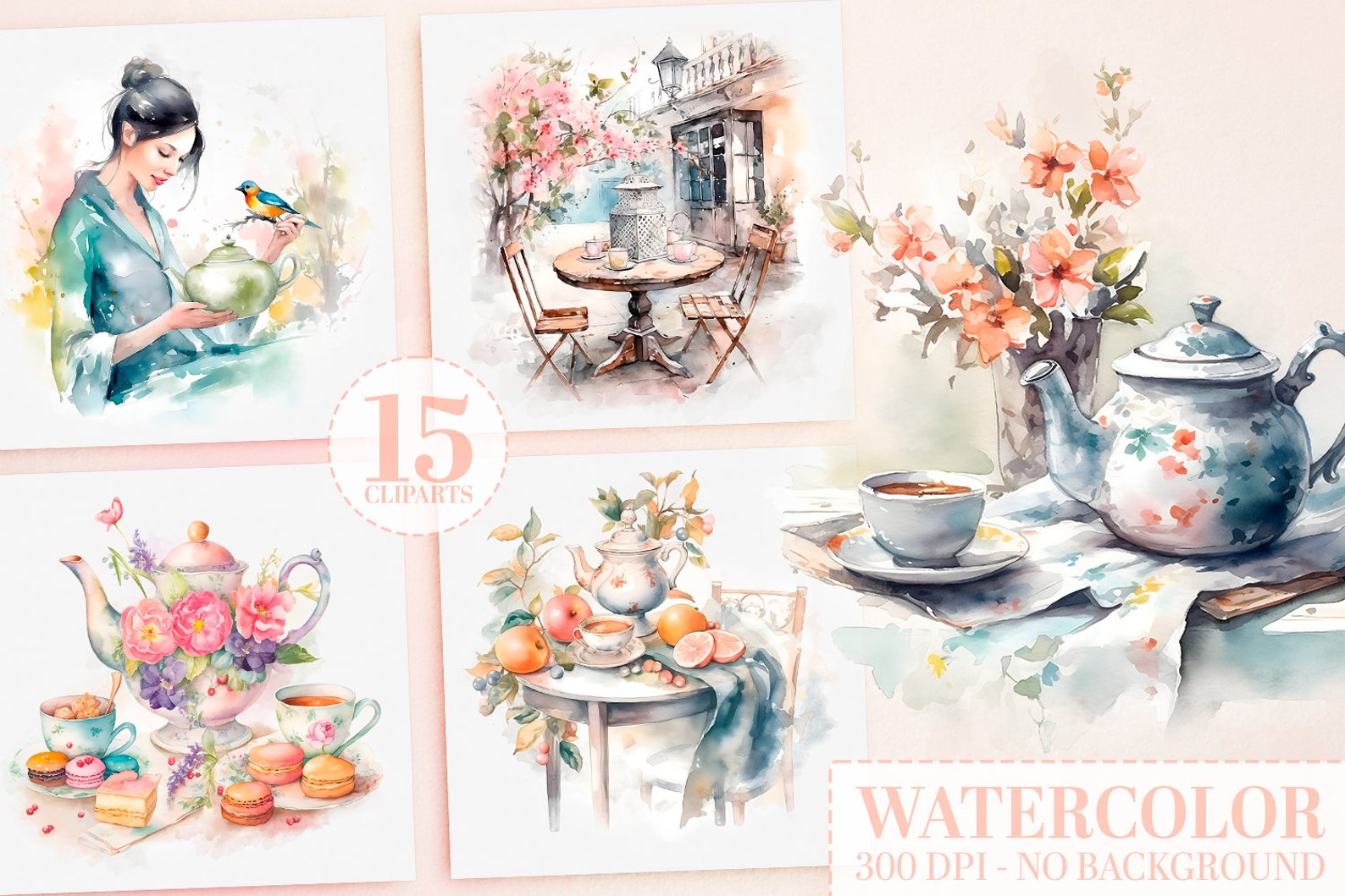 15 Watercolor Tea Party Garden Clipart Bundle Spring Flowers - Etsy
