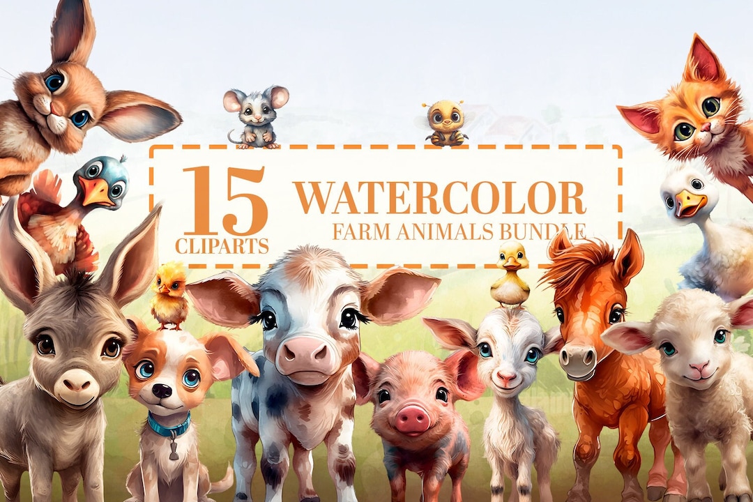 Watercolor Farm Animals Bundle - 15 Cute Baby Animals PNG, Nursery ...