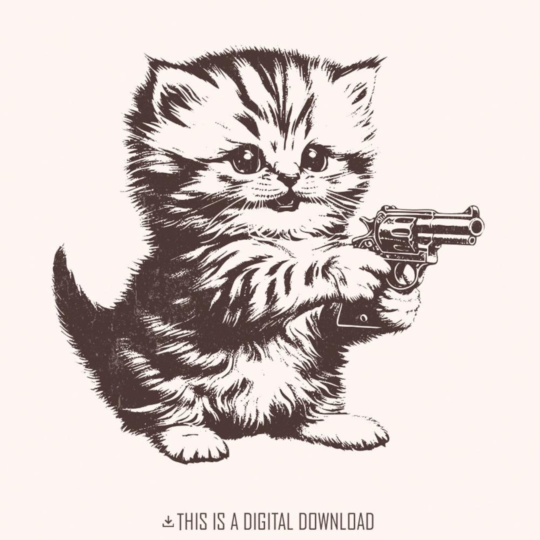 Killer Kitten PNG File for Print, Western Style Cute Cat With Guns T ...