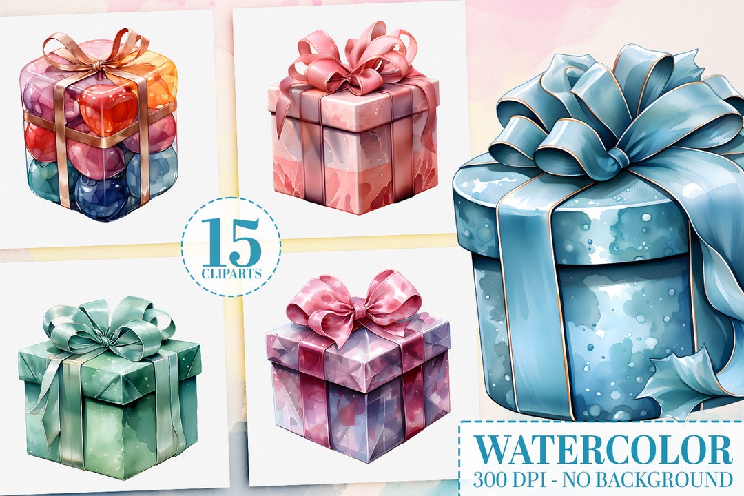 Watercolor Gift Box Clipart - 15 Birthday & Christmas Presents PNG ...