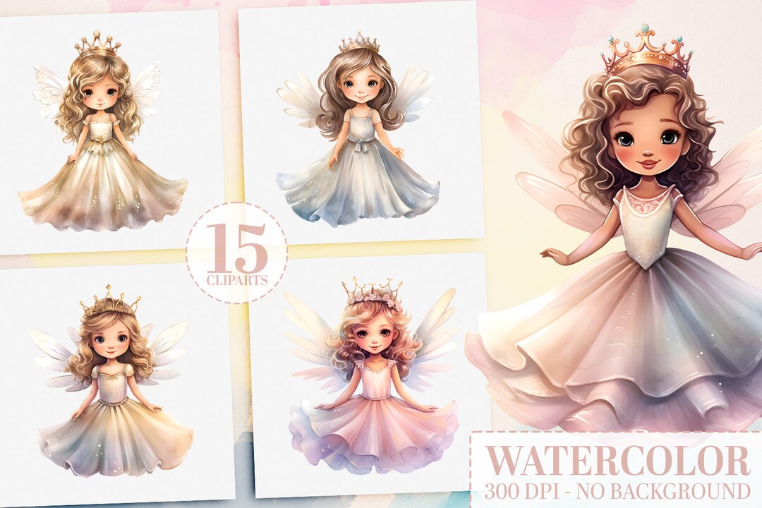 Watercolor Fairy Tale Princesses, 15 Cute Fairies PNG Bundle, Nursery ...