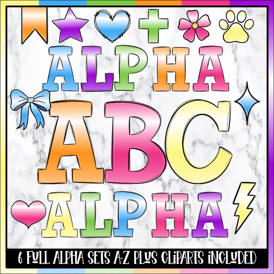 Ombre Doodle Letters Alphabet PNG Bundle, Gradient Alphabet Clipart ...