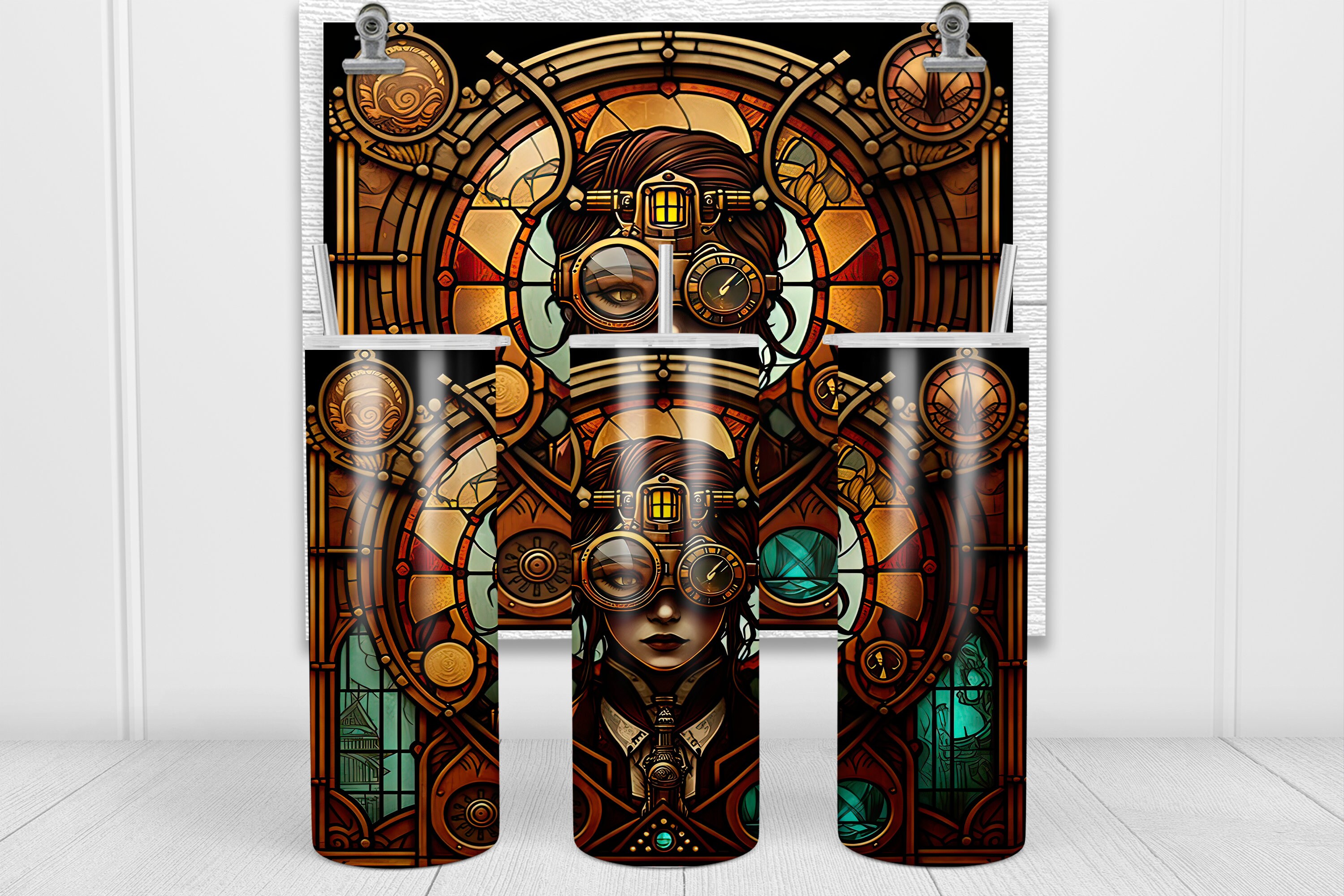 Steampunk Stained Glass 20oz Skinny Tumbler Sublimation Design Template ...