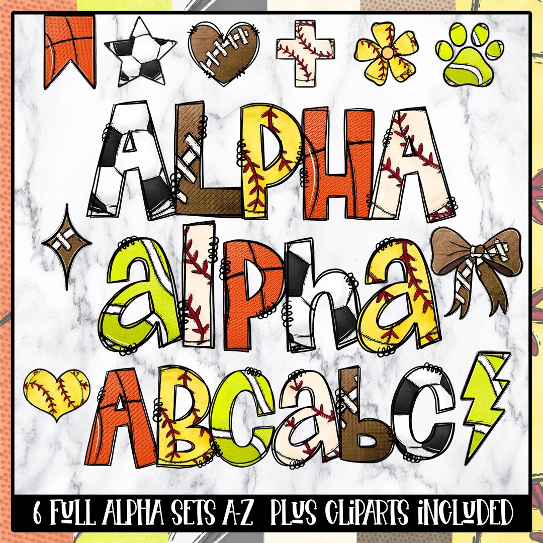 Sports Doodle Letters Alphabet PNG Bundle, Printable Alphabet Clipart ...