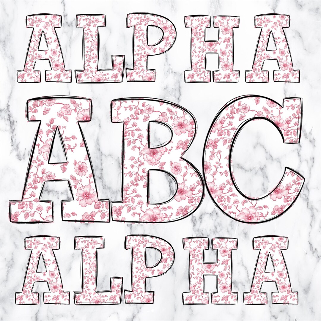 Chinoiserie Floral Doodle Letters PNG Bundle, Pink Toile Alpha Clipart ...