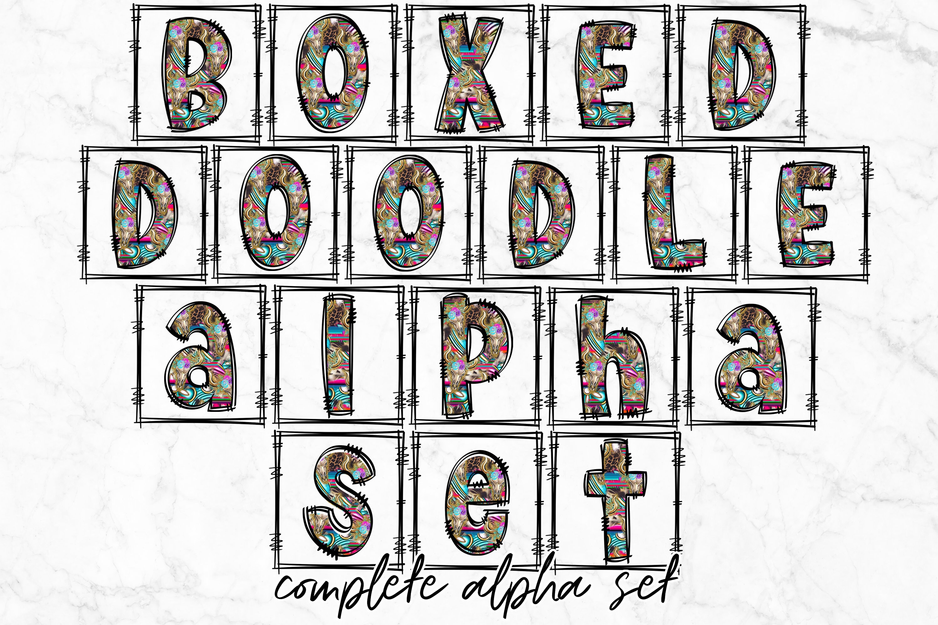 Boxed Doodle Alpha PNG Bundle Alphabet Clipart Hand Drawn - Etsy