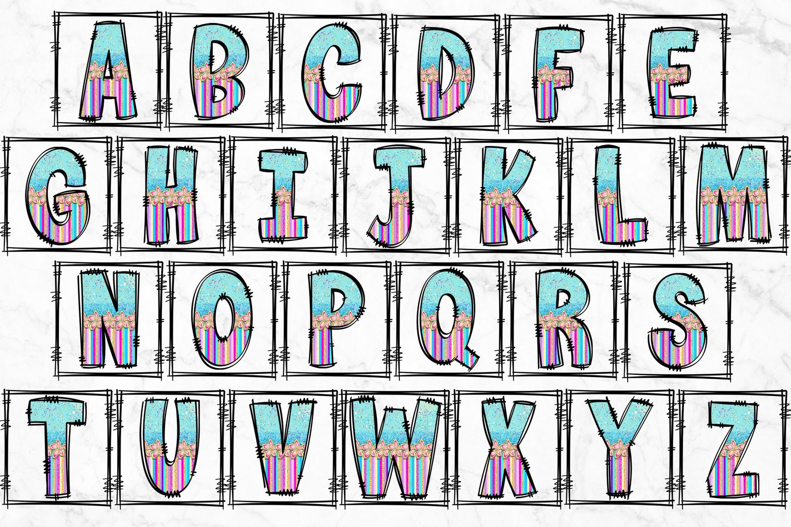 Boxed Doodle Alpha PNG Bundle Alphabet Clipart Hand Drawn - Etsy