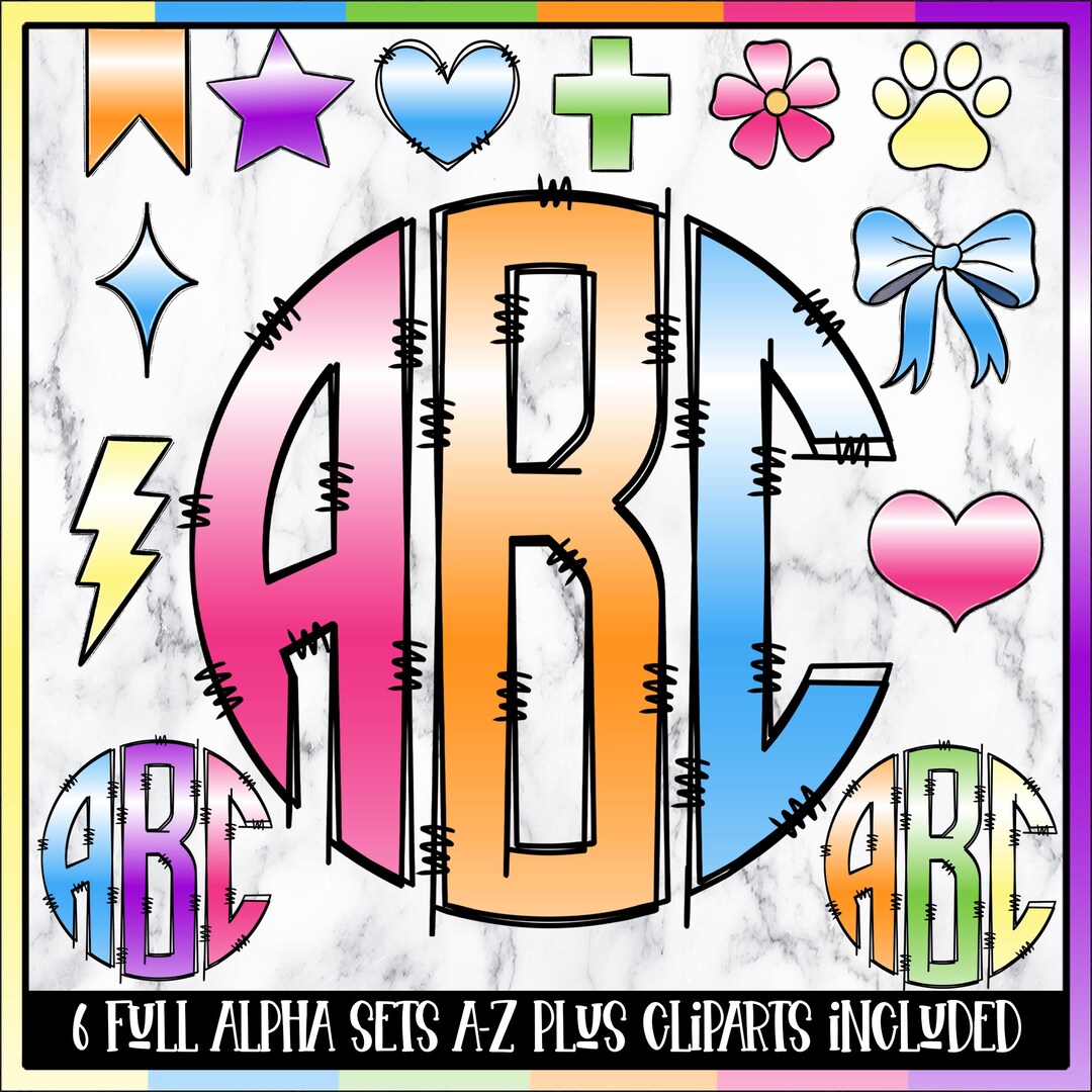 Ombre Doodle Letters Monogram Alphabet PNG Bundle, Gradient Alphabet ...