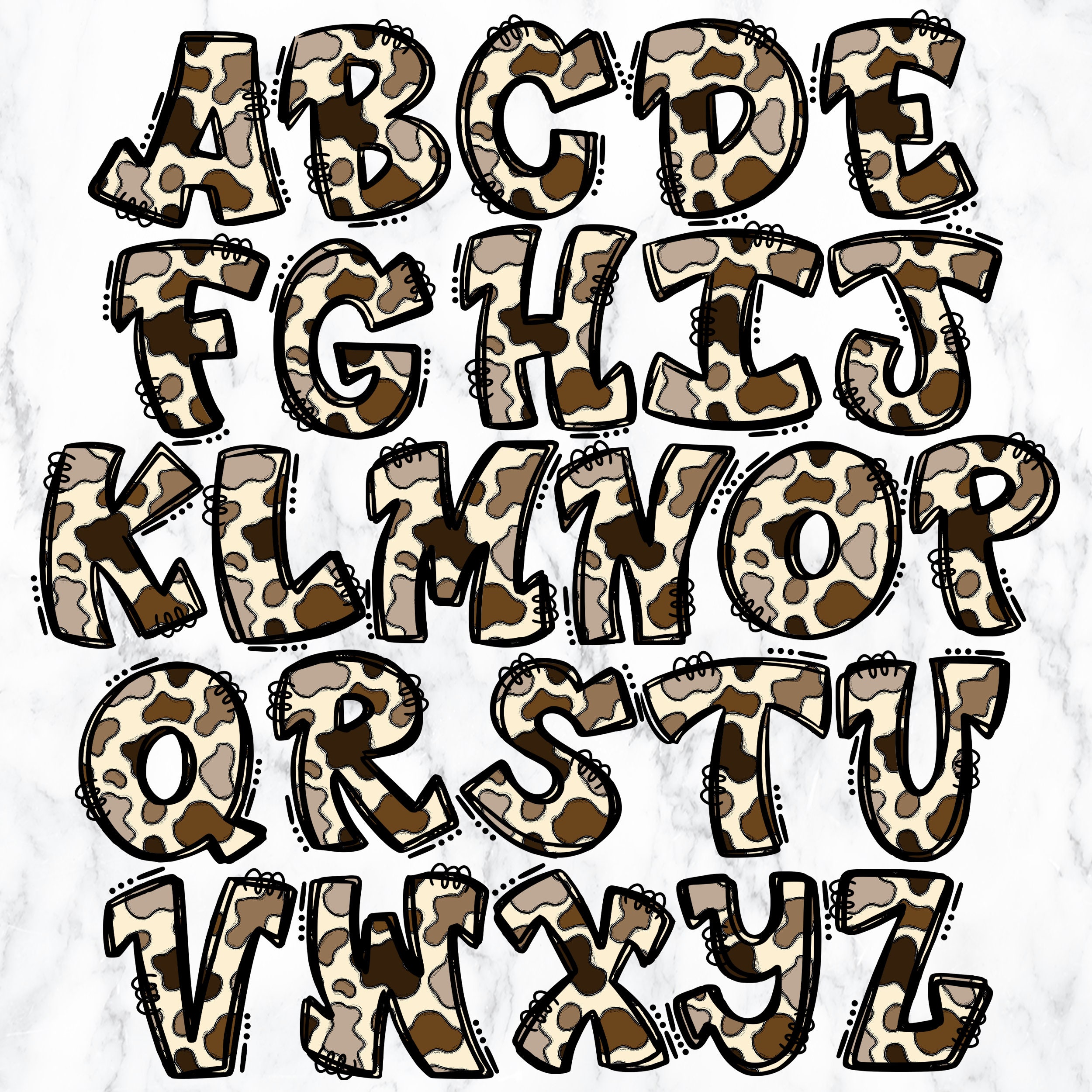 Cow Print Doodle Letters PNG Bundle, Alphabet Clipart, Western Print ...