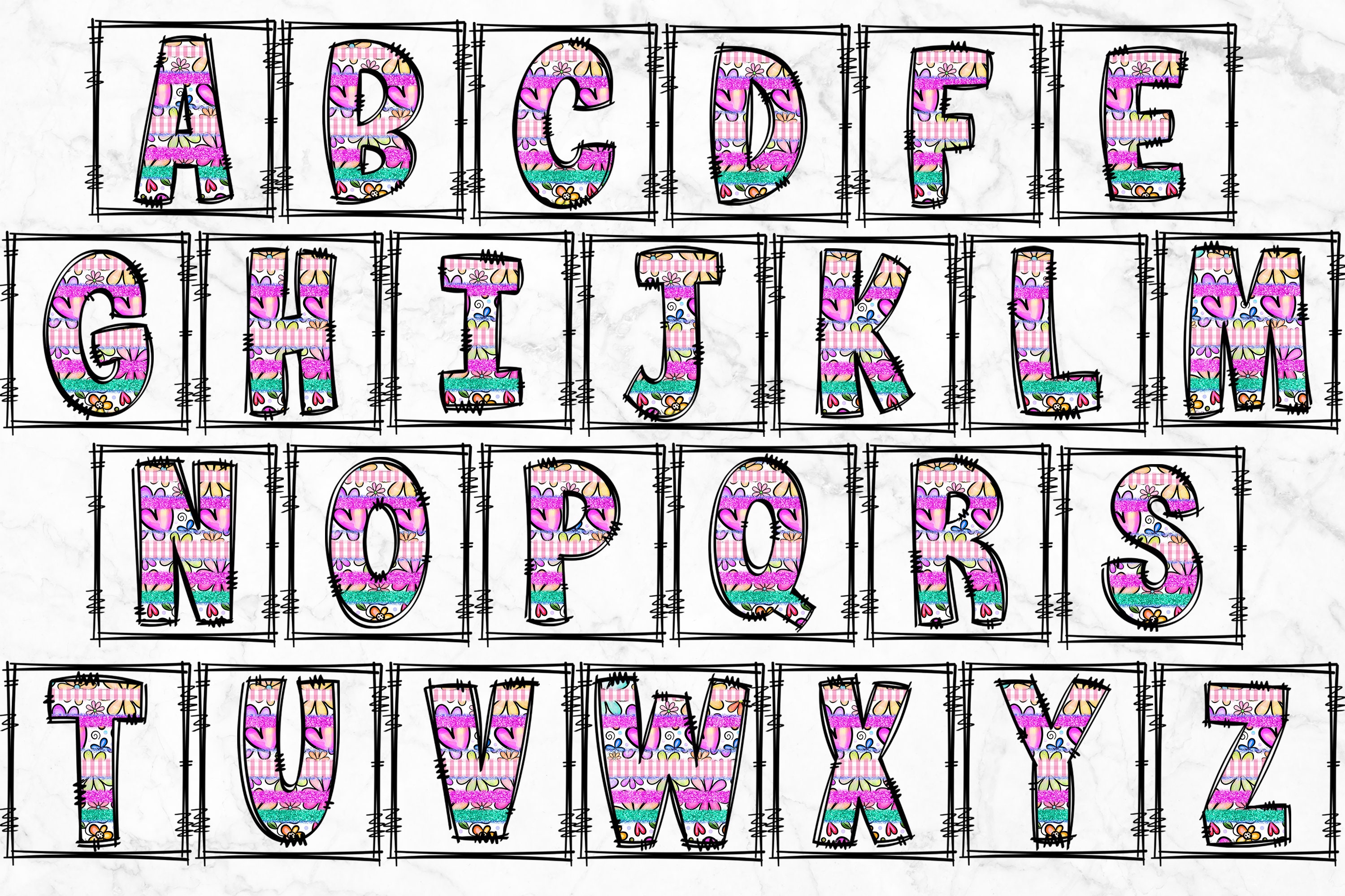 Boxed Doodle Alpha PNG Bundle Alphabet Clipart Hand Drawn - Etsy