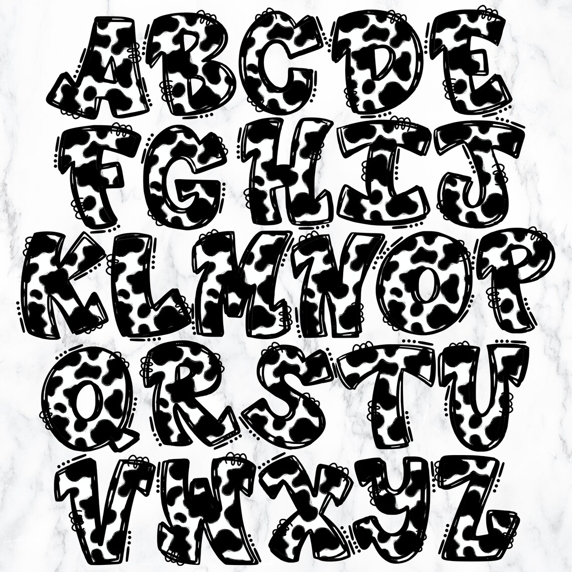Cow Print Doodle Letters PNG Bundle, Alphabet Clipart, Western Print ...