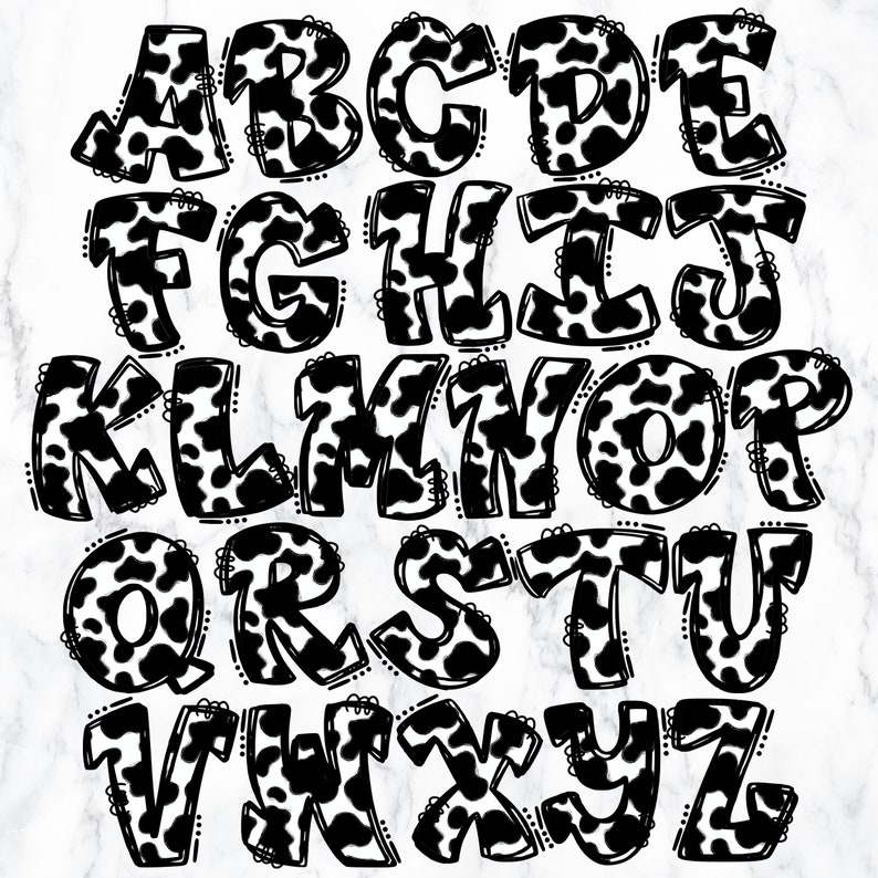 Cow Print Doodle Letters PNG Bundle, Alphabet Clipart, Western Print ...