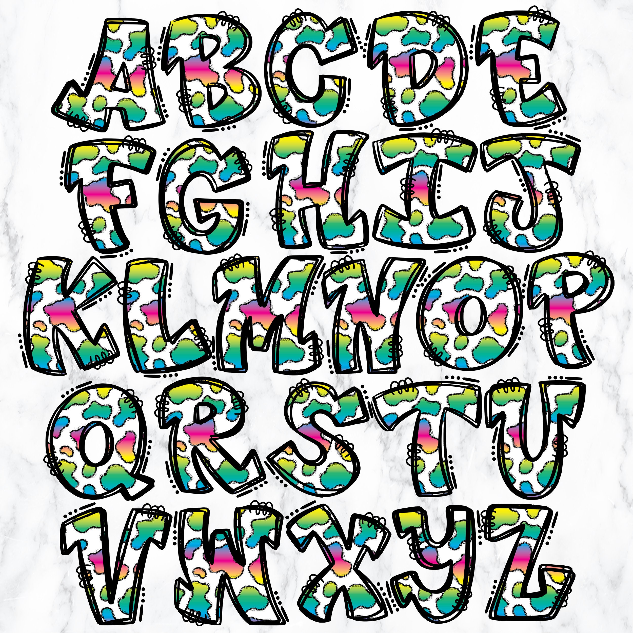 Cow Print Doodle Letters PNG Bundle, Alphabet Clipart, Western Print ...