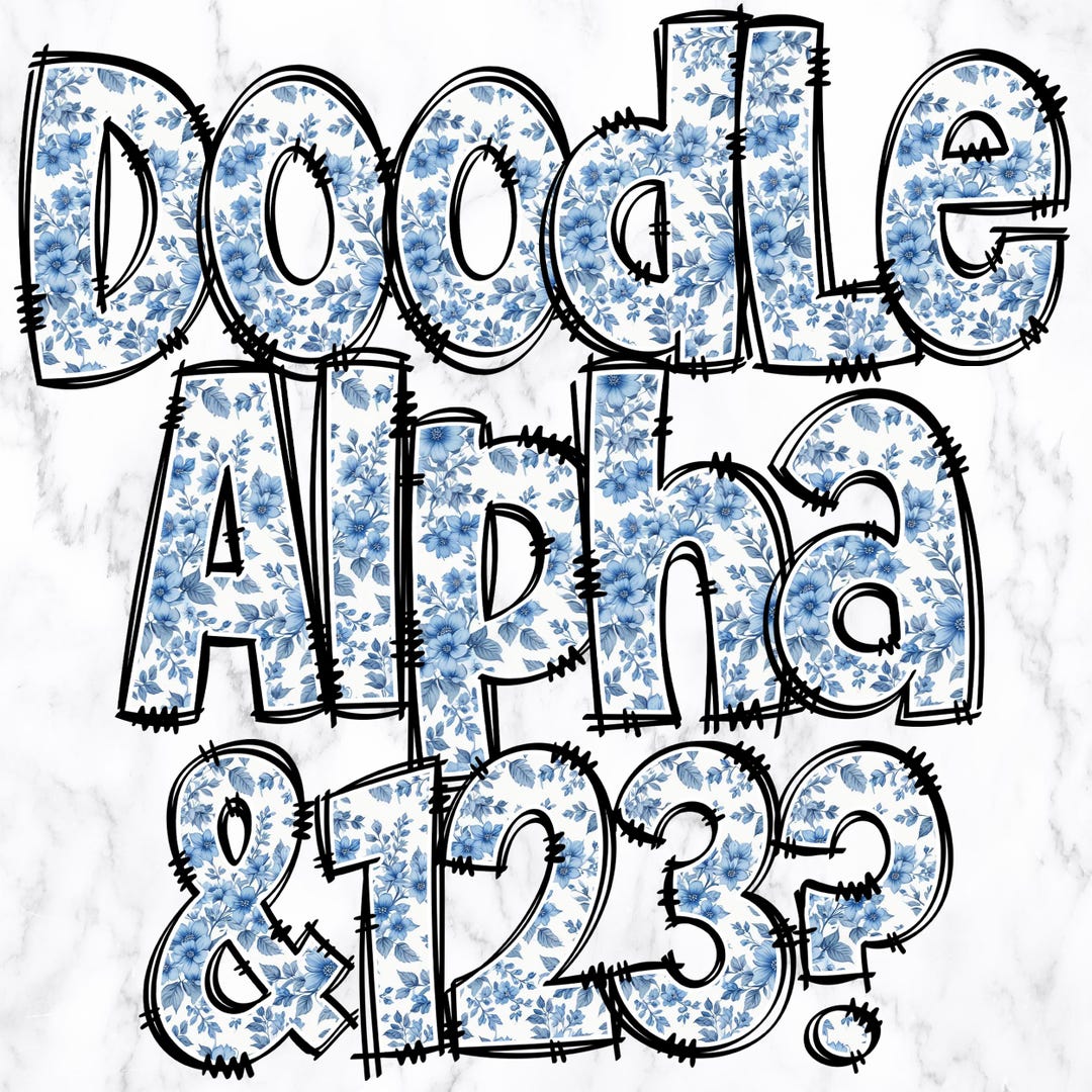 Chinoiserie Floral Doodle Letters PNG Bundle, Blue Toile Alpha Clipart ...