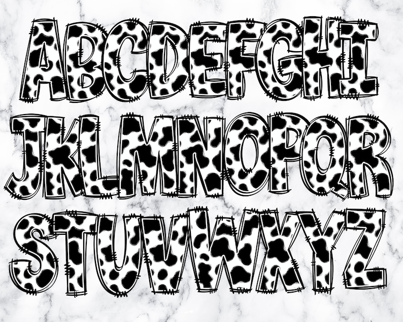 Cow Print Doodle Alphabet Letters PNG Bundle, Alphabet Clipart, Cow ...