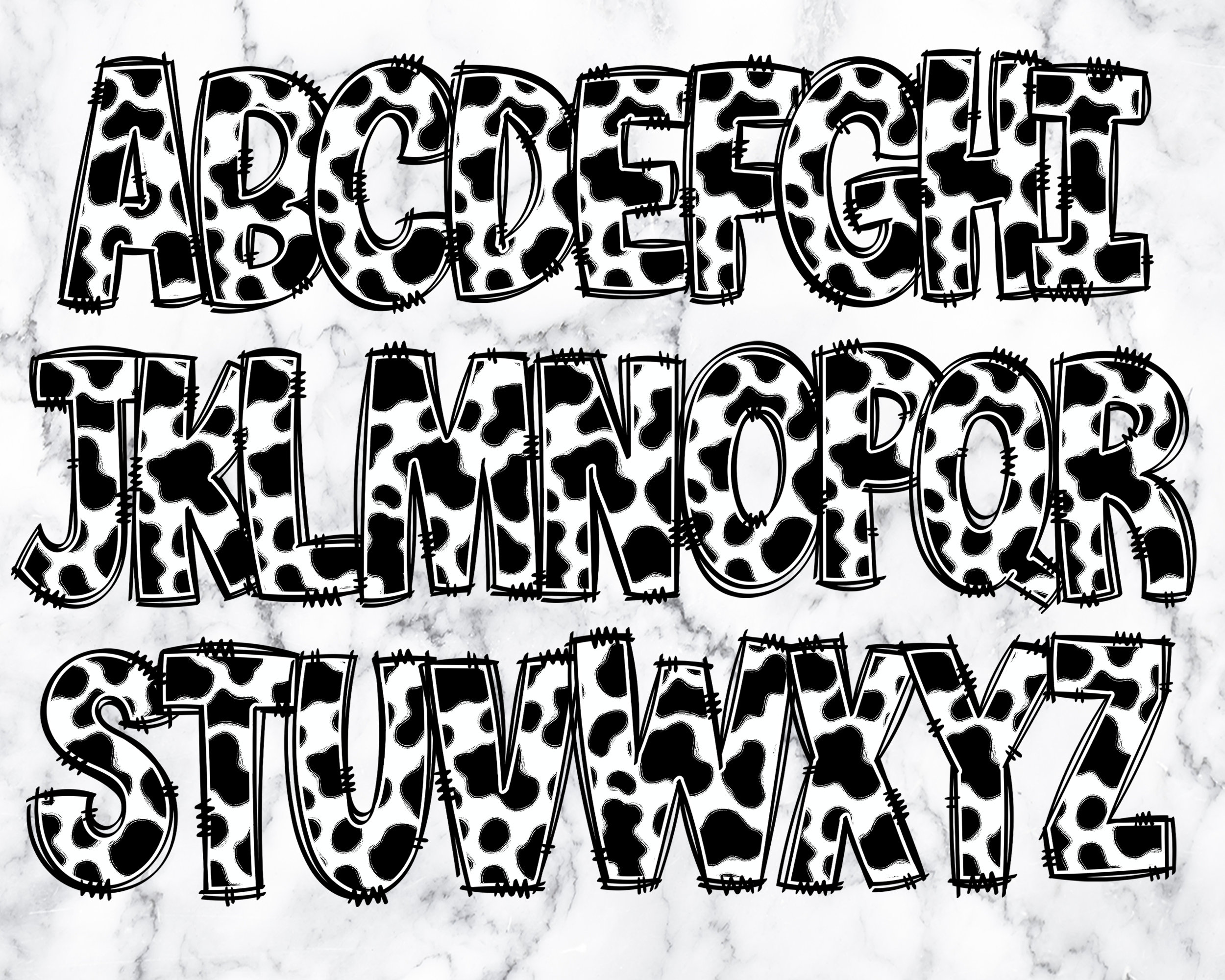 Cow Print Doodle Alphabet Letters PNG Bundle, Alphabet Clipart, Cow ...