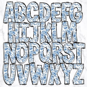 Chinoiserie Floral Doodle Letters PNG Bundle, Blue Toile Alpha Clipart ...