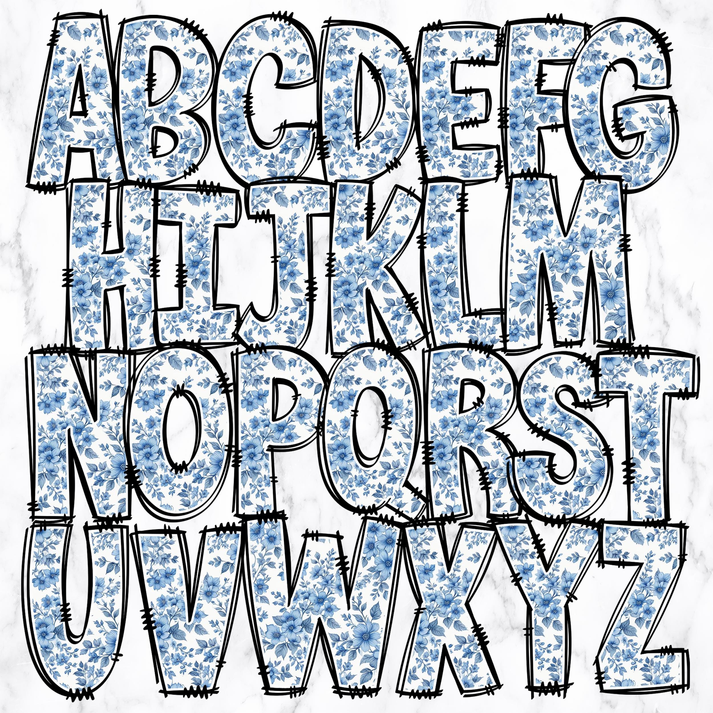 Chinoiserie Floral Doodle Letters PNG Bundle, Blue Toile Alpha Clipart ...