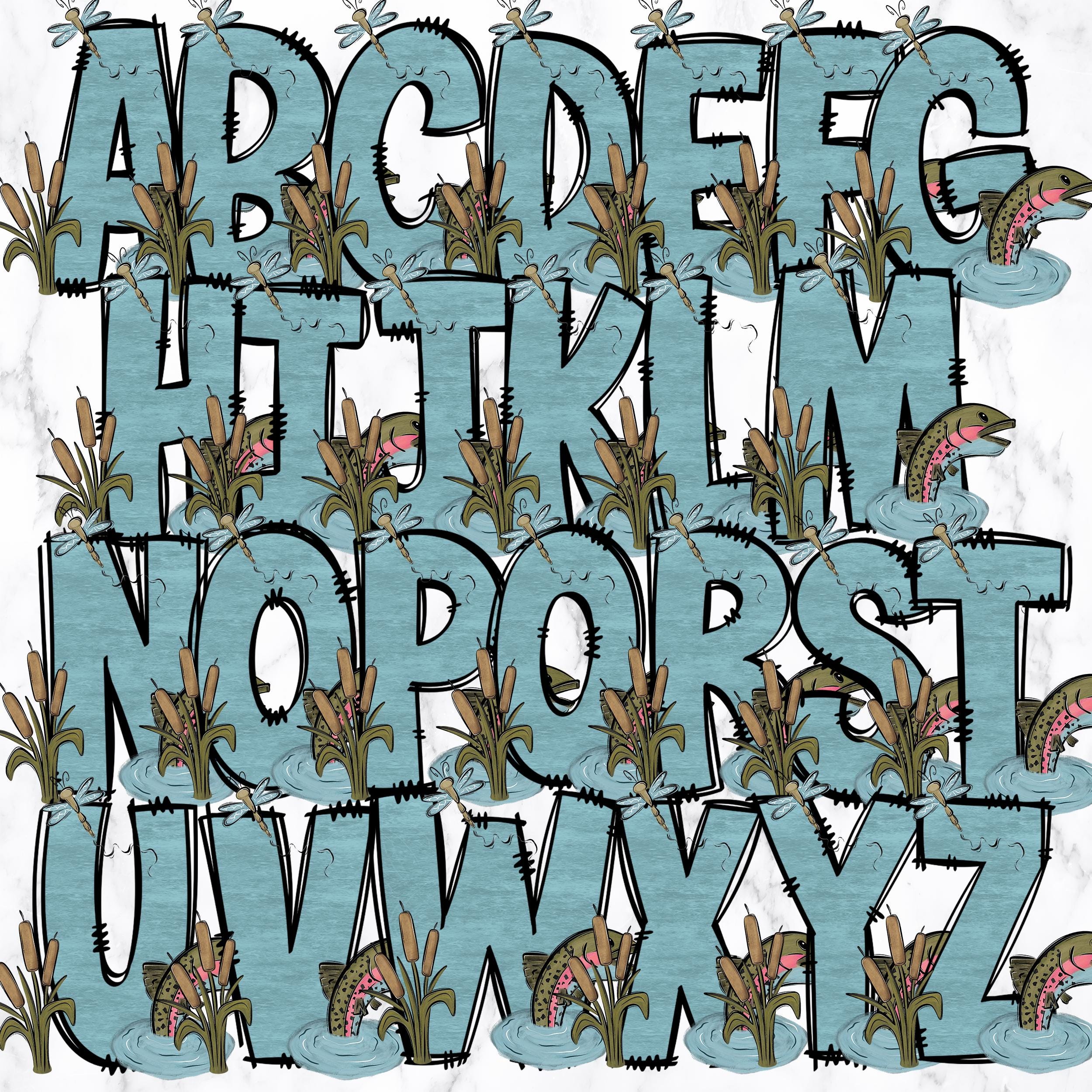 Fishing Floral Letters Alphabet PNG Alphabet Clipart Printable Alphabet ...
