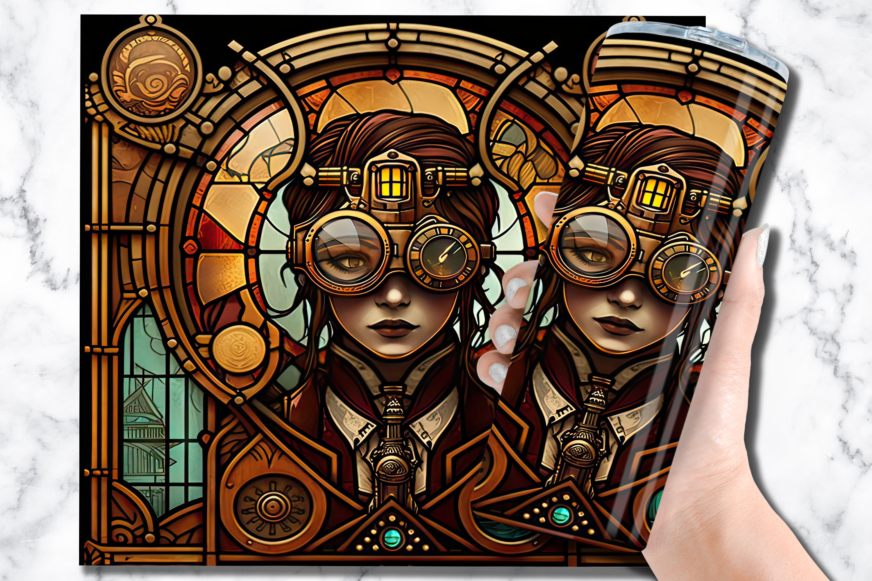 Steampunk Stained Glass 20oz Skinny Tumbler Sublimation Design Template ...