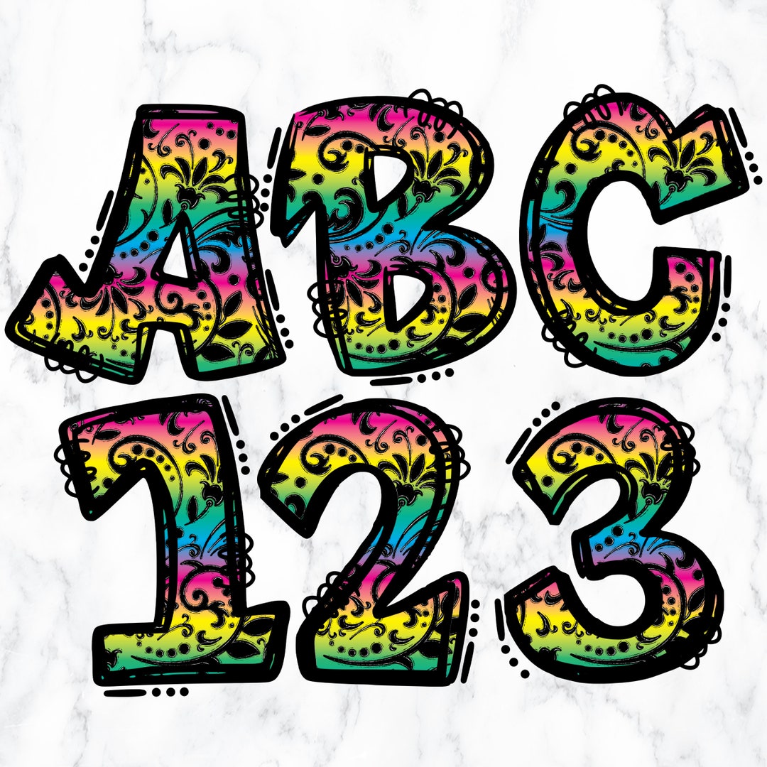 Western Doodle Letters PNG Bundle, Alphabet Clipart, Floral Print Hand ...