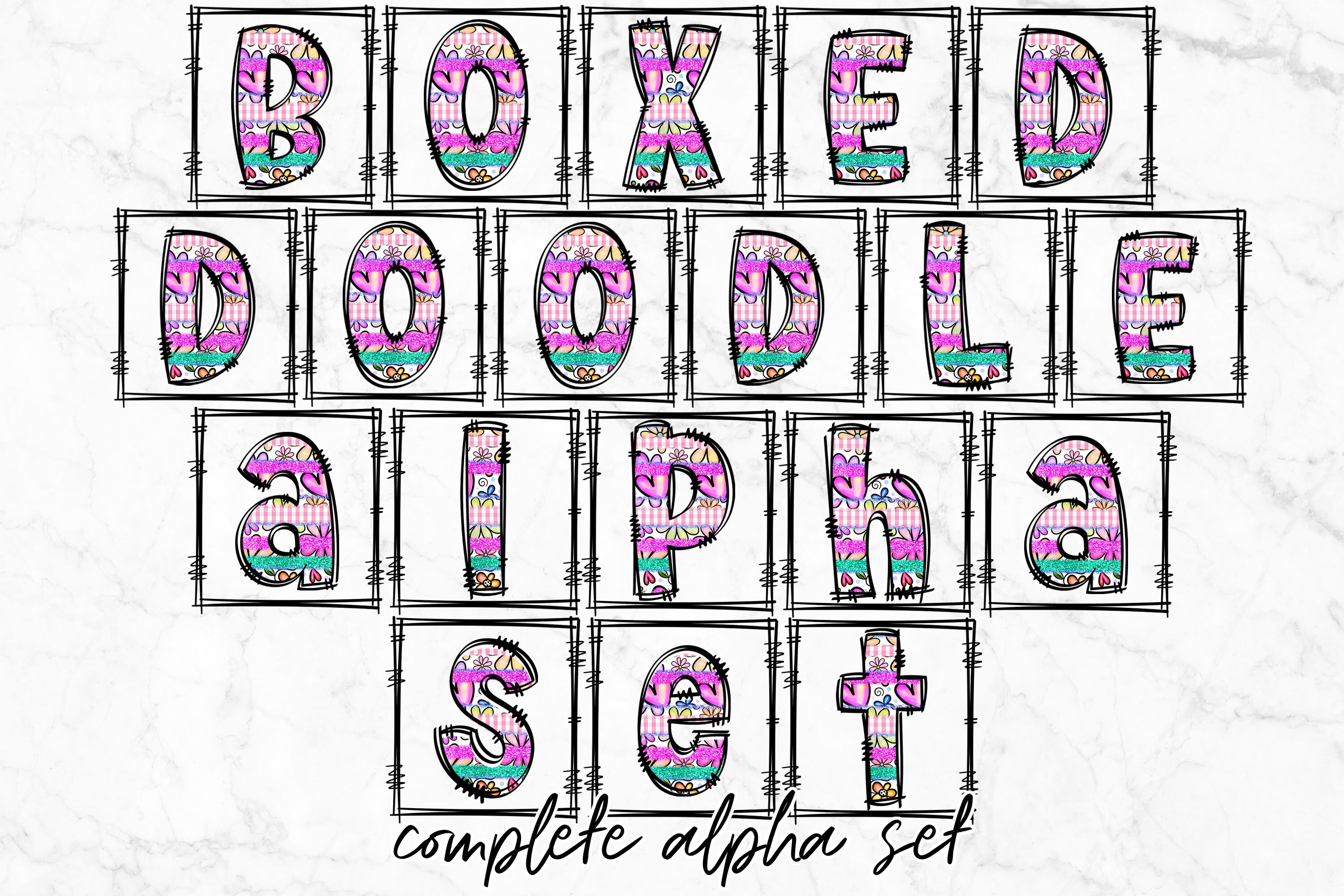 Boxed Doodle Alpha PNG Bundle Alphabet Clipart Hand Drawn - Etsy