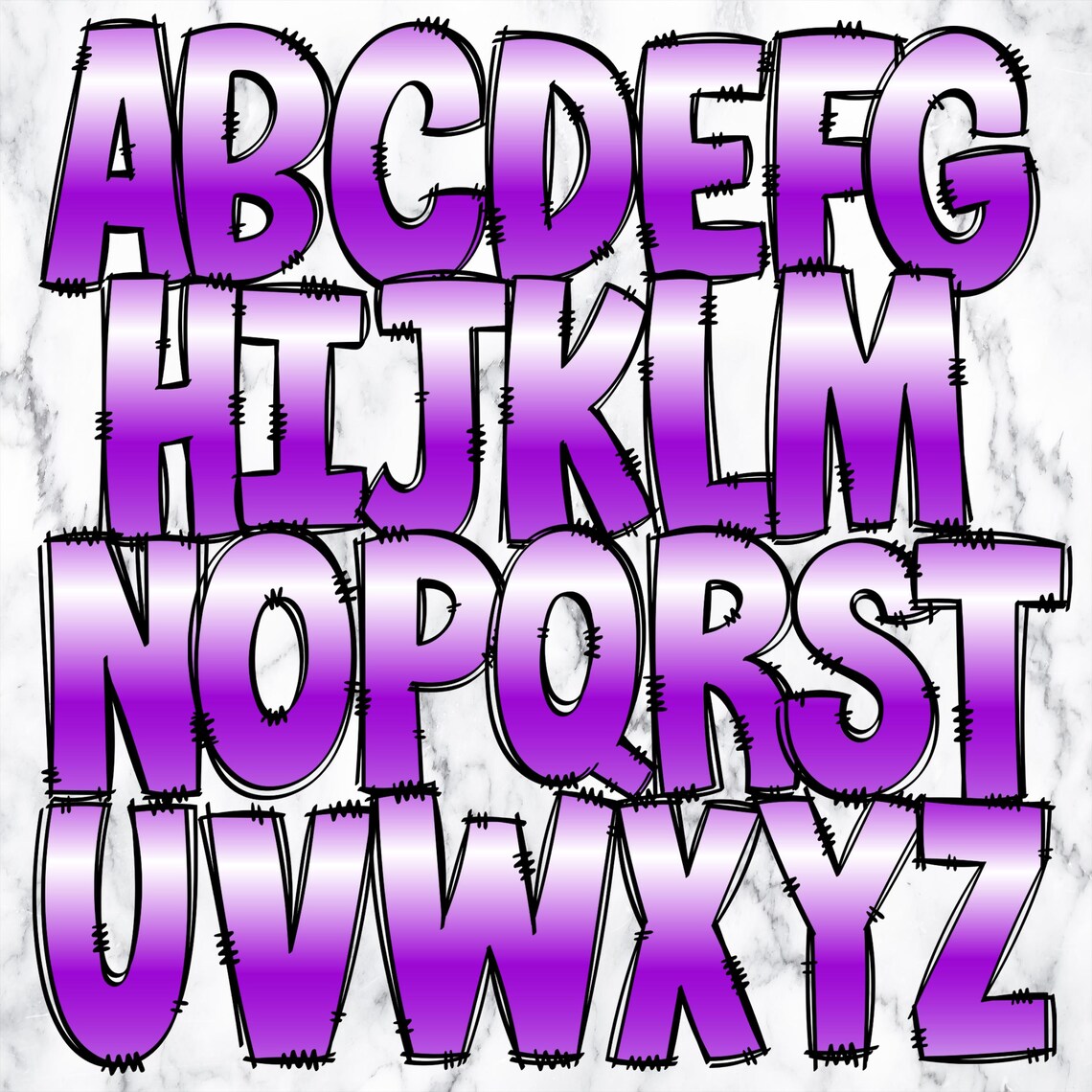 Ombre Doodle Letters Alphabet PNG Bundle, Gradient Alphabet Clipart ...