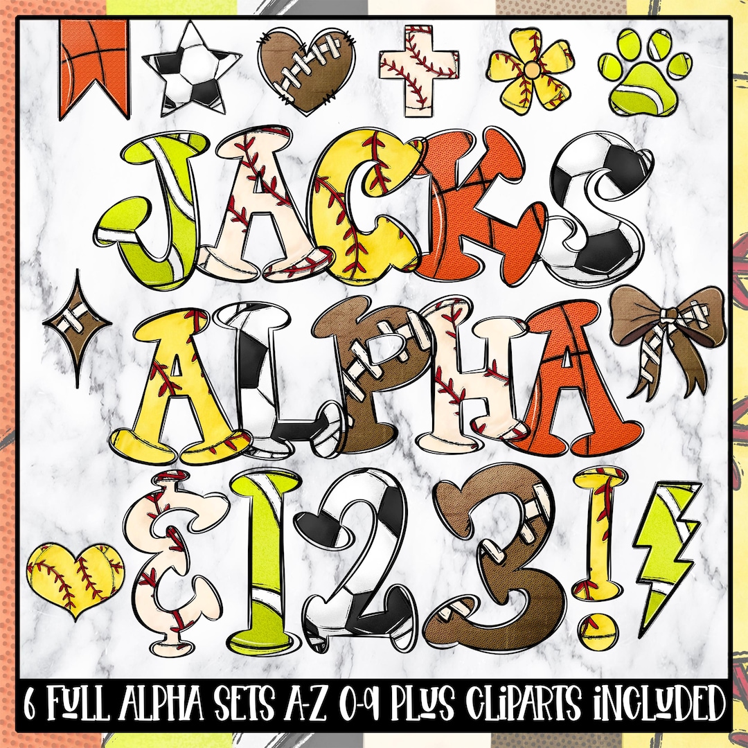 Sports Doodle Alphabet Letters PNG Bundle, Baseball Alphabet Clipart ...