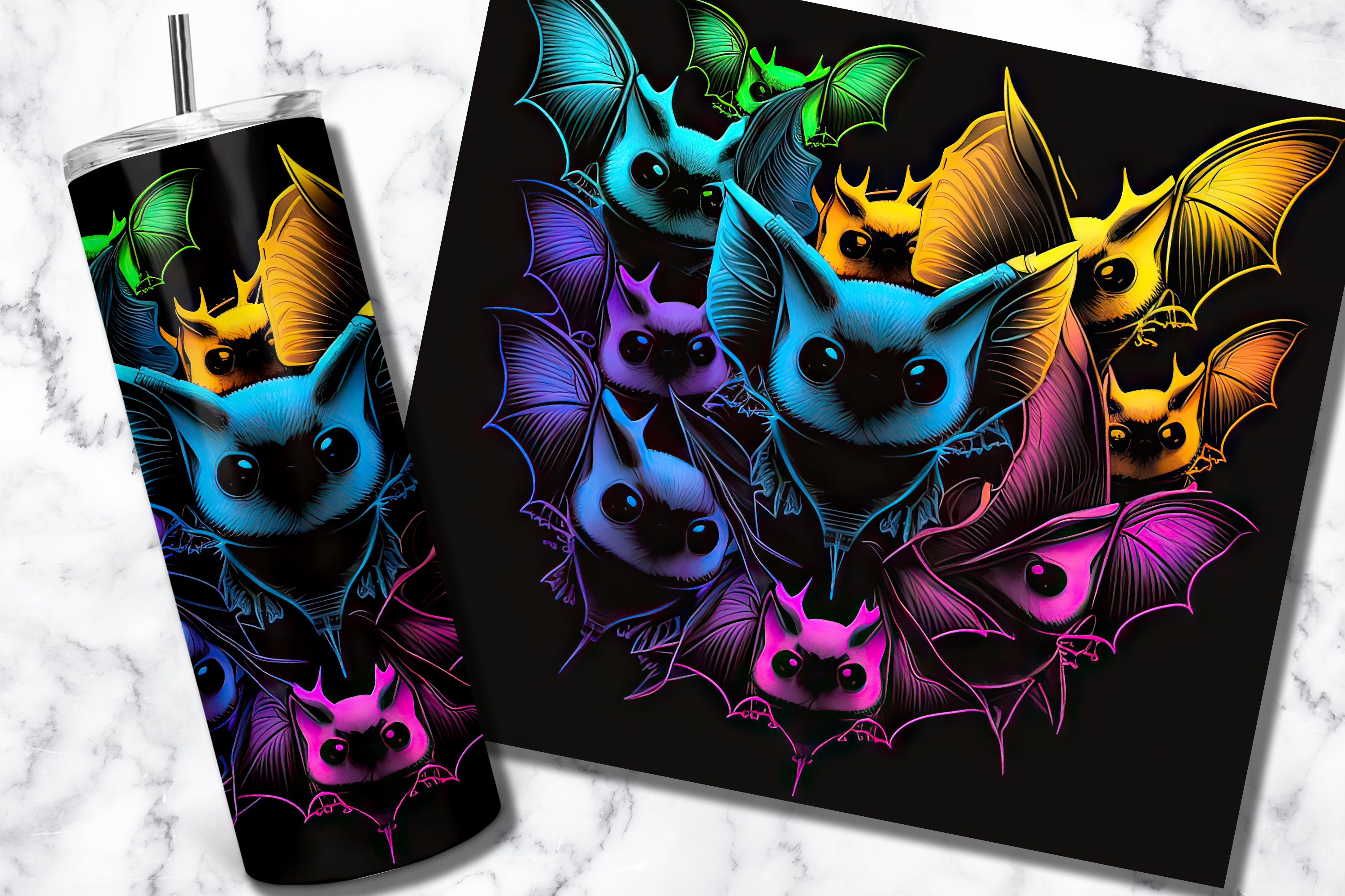 Neon Bats 20oz Skinny Tumbler Sublimation Design Template, Alcohol Ink ...