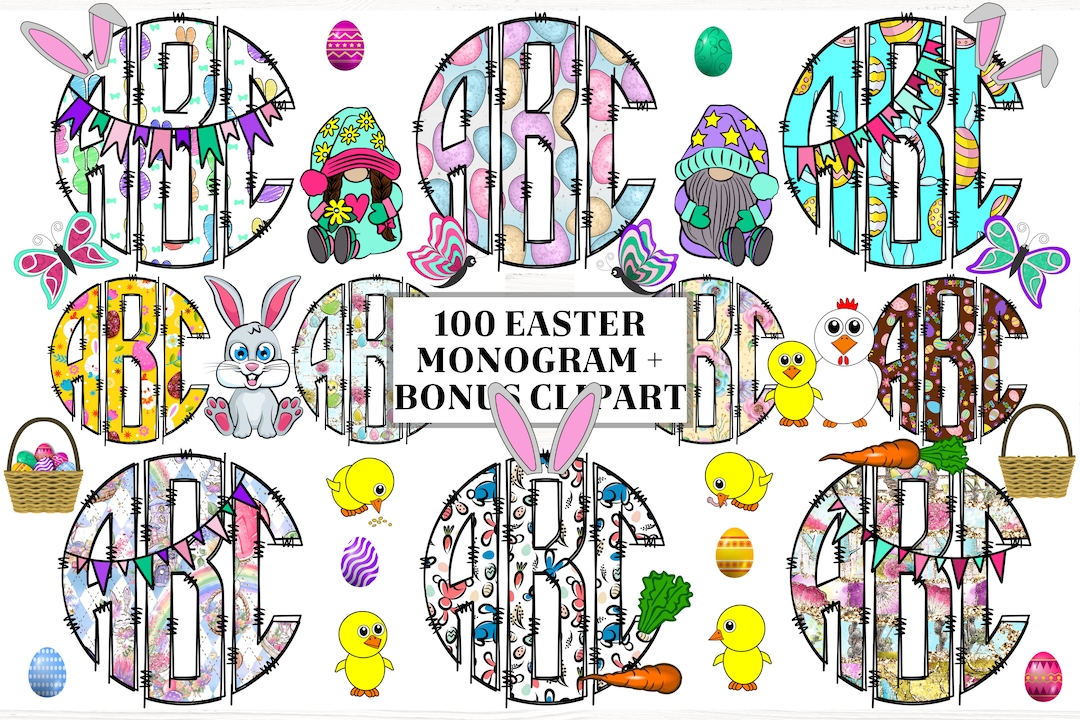 Easter Doodle Monogram Bundle, Monogram Matching Clipart, Round Doodle ...
