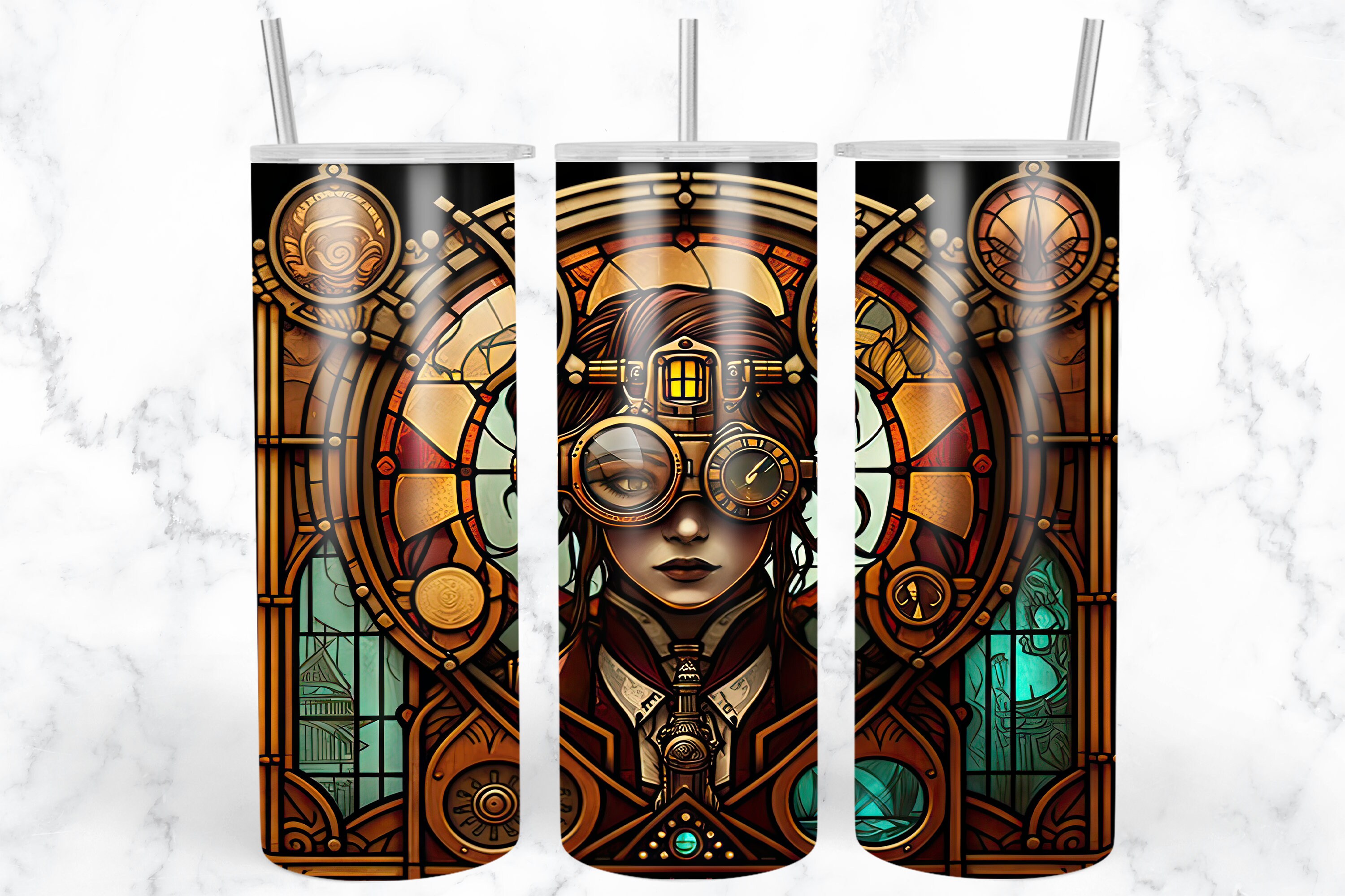 Steampunk Stained Glass 20oz Skinny Tumbler Sublimation Design Template ...