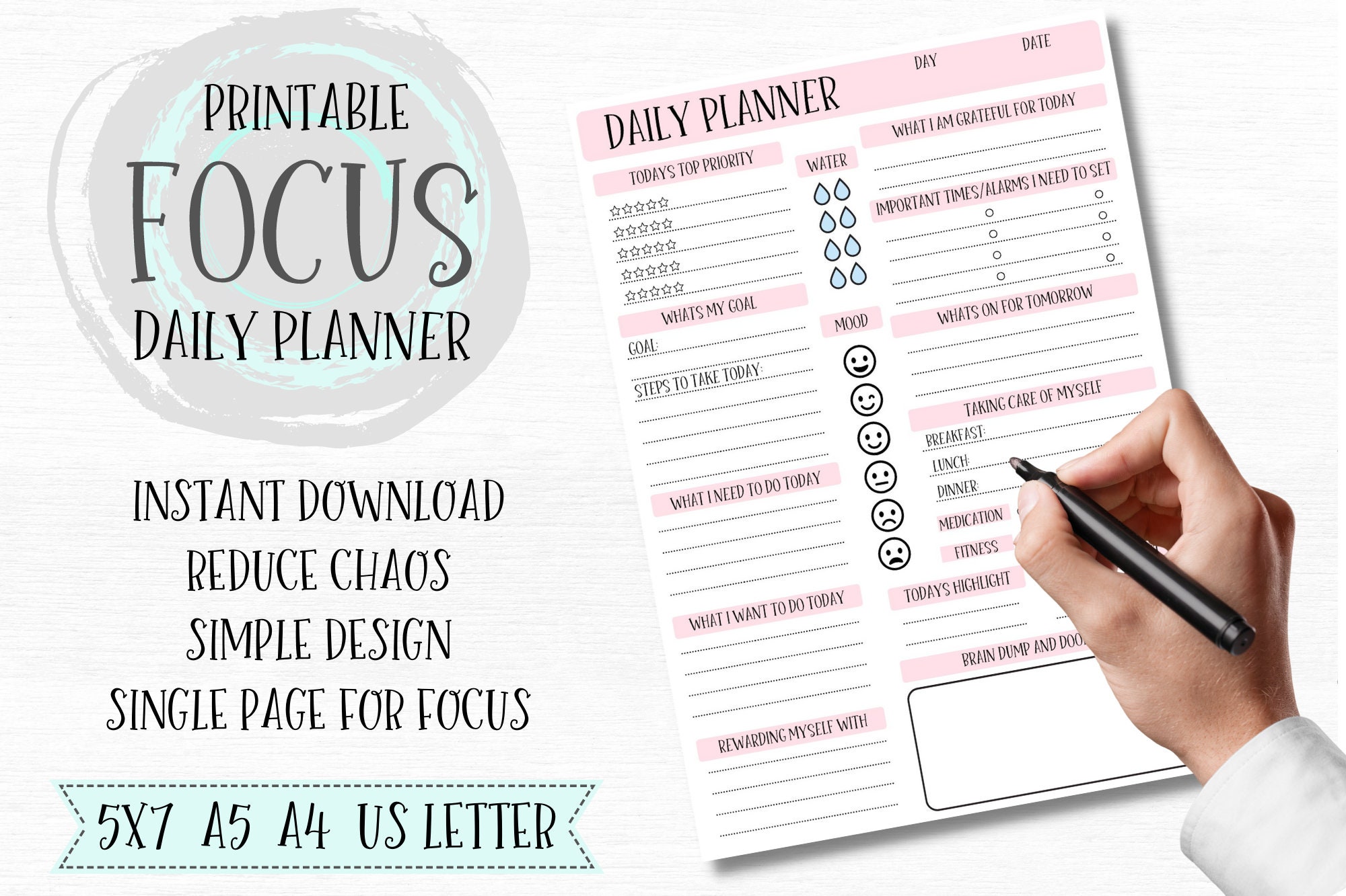 Adult Focus Daily Planner Printable, ADHD Printable Planner Adults ...