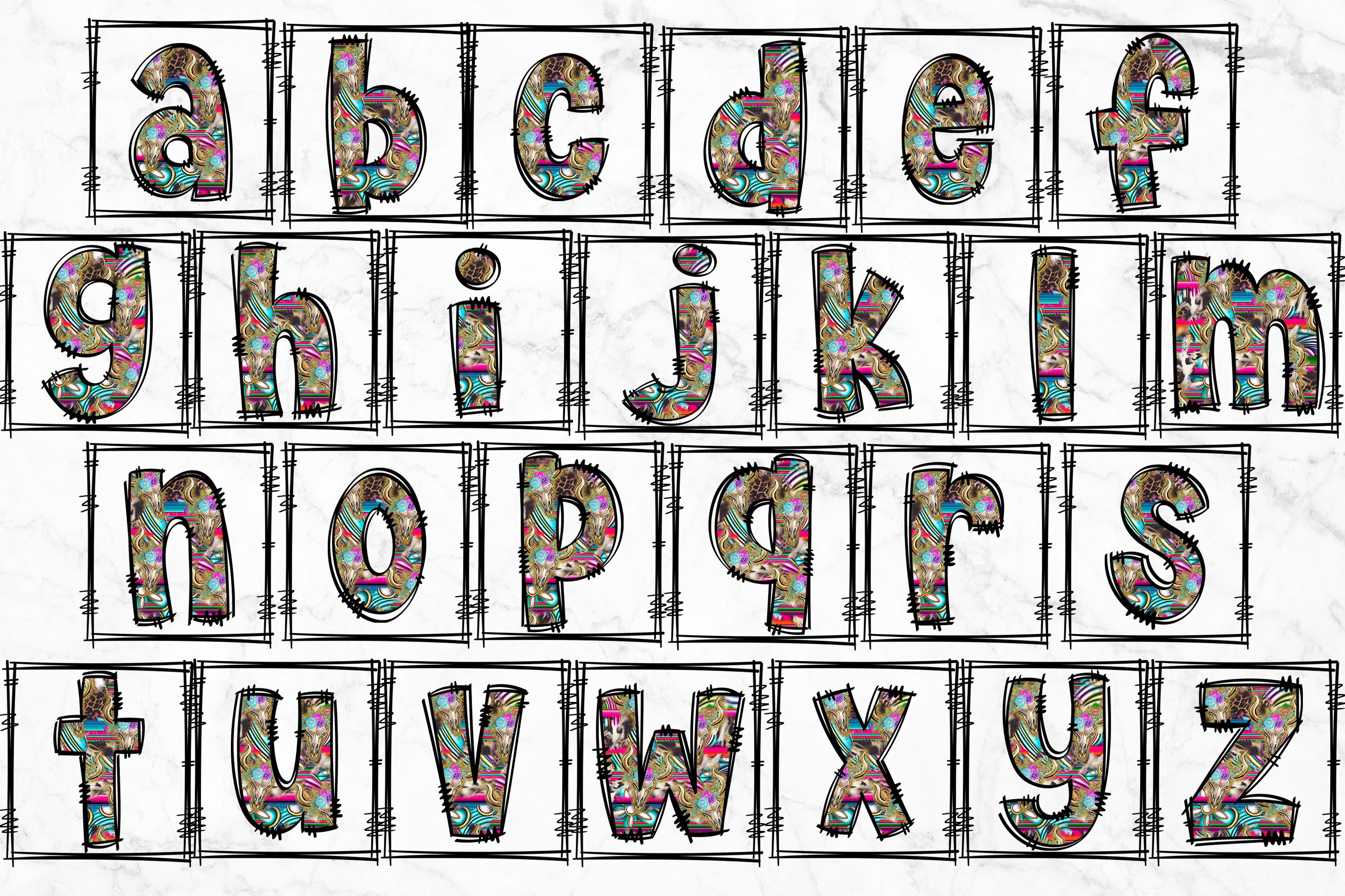 Boxed Doodle Alpha PNG Bundle Alphabet Clipart Hand Drawn - Etsy
