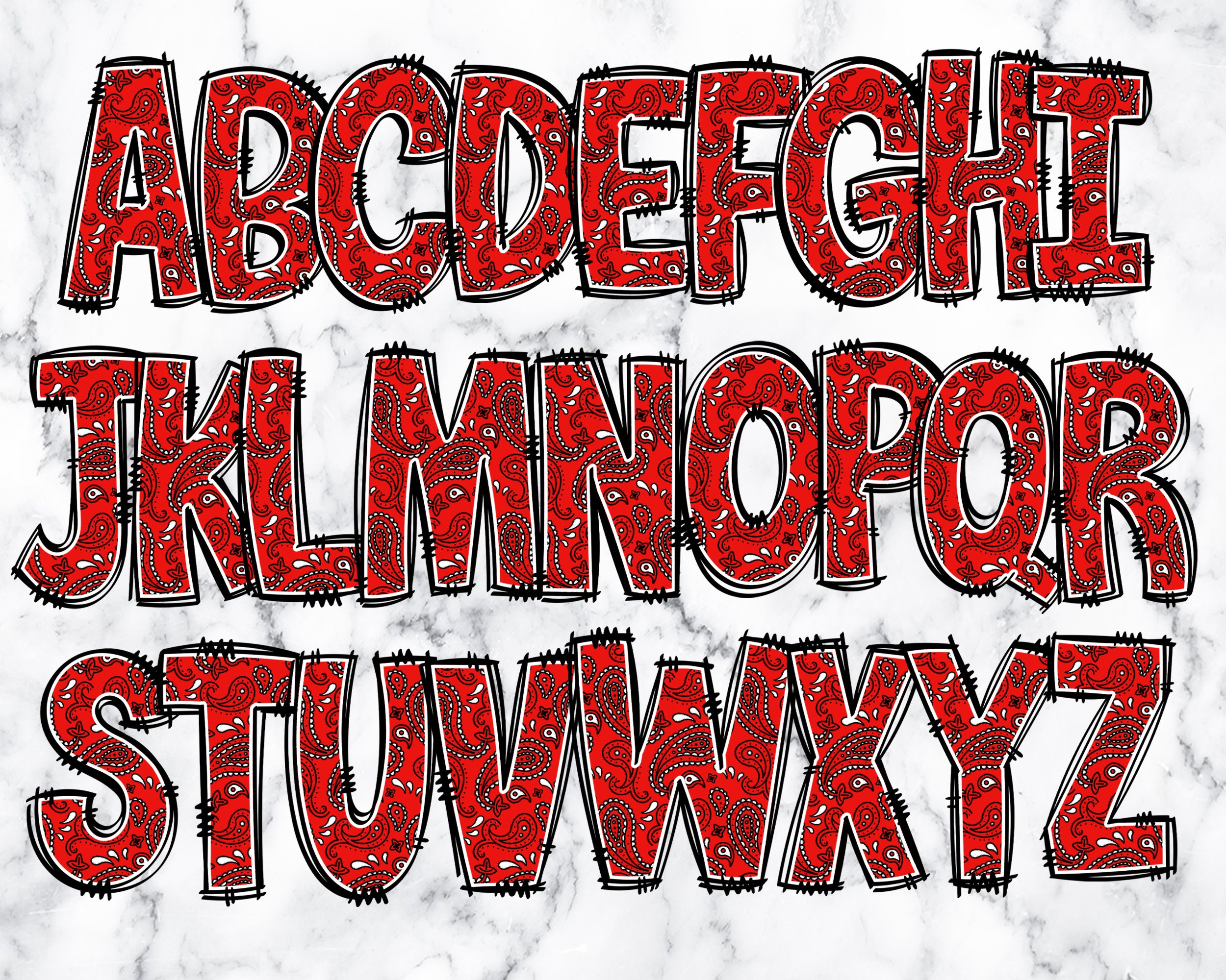Western Doodle Alphabet Letters PNG Bundle, Alphabet Clipart, Bandana ...