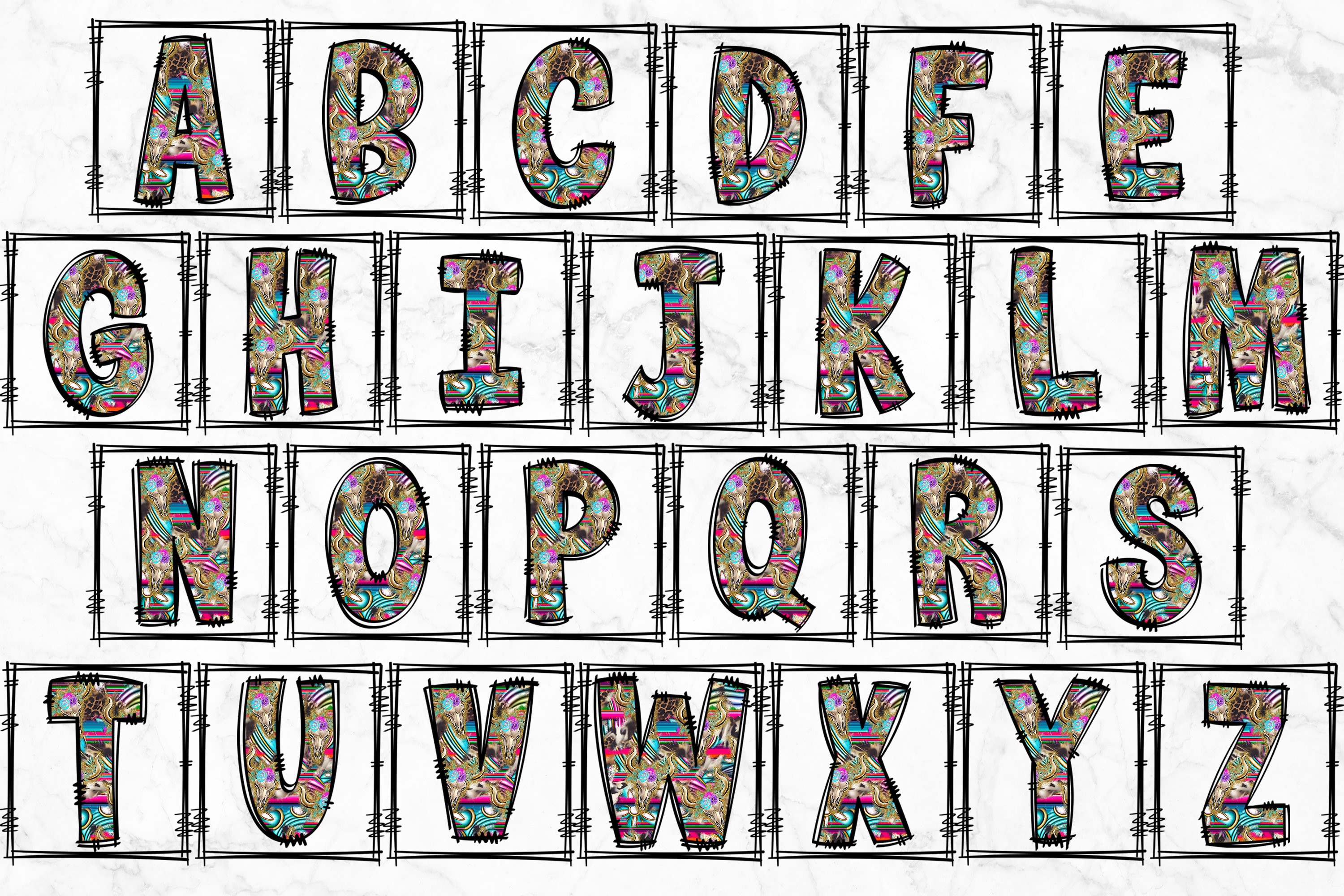 Boxed Doodle Alpha PNG Bundle Alphabet Clipart Hand Drawn - Etsy
