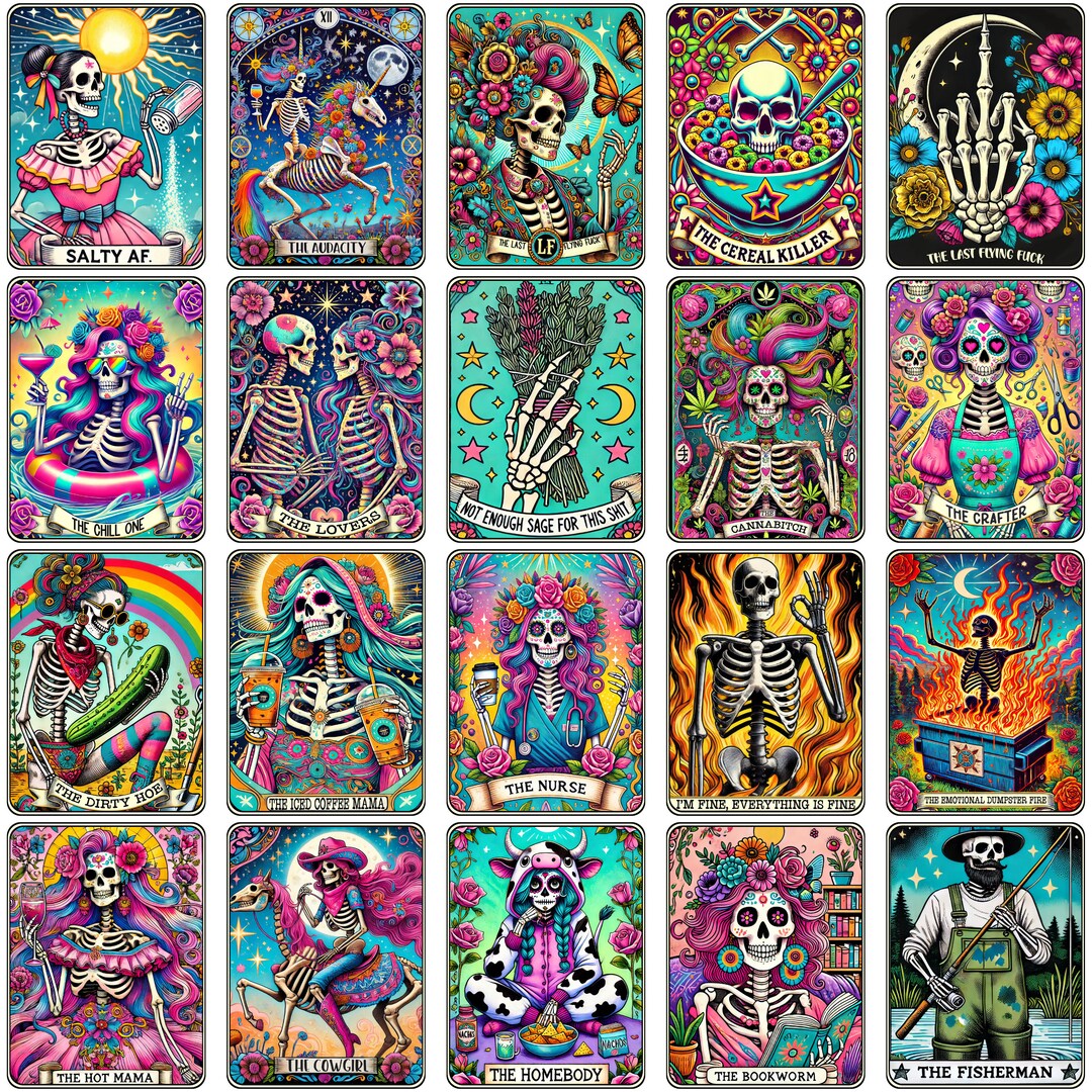 100+ Funny Tarot Card PNG Bundle, Sarcastic Sweary Skeleton Skull ...