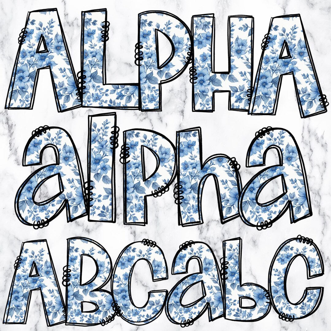 Chinoiserie Floral Doodle Letters PNG Bundle, Blue Toile Alpha Clipart ...