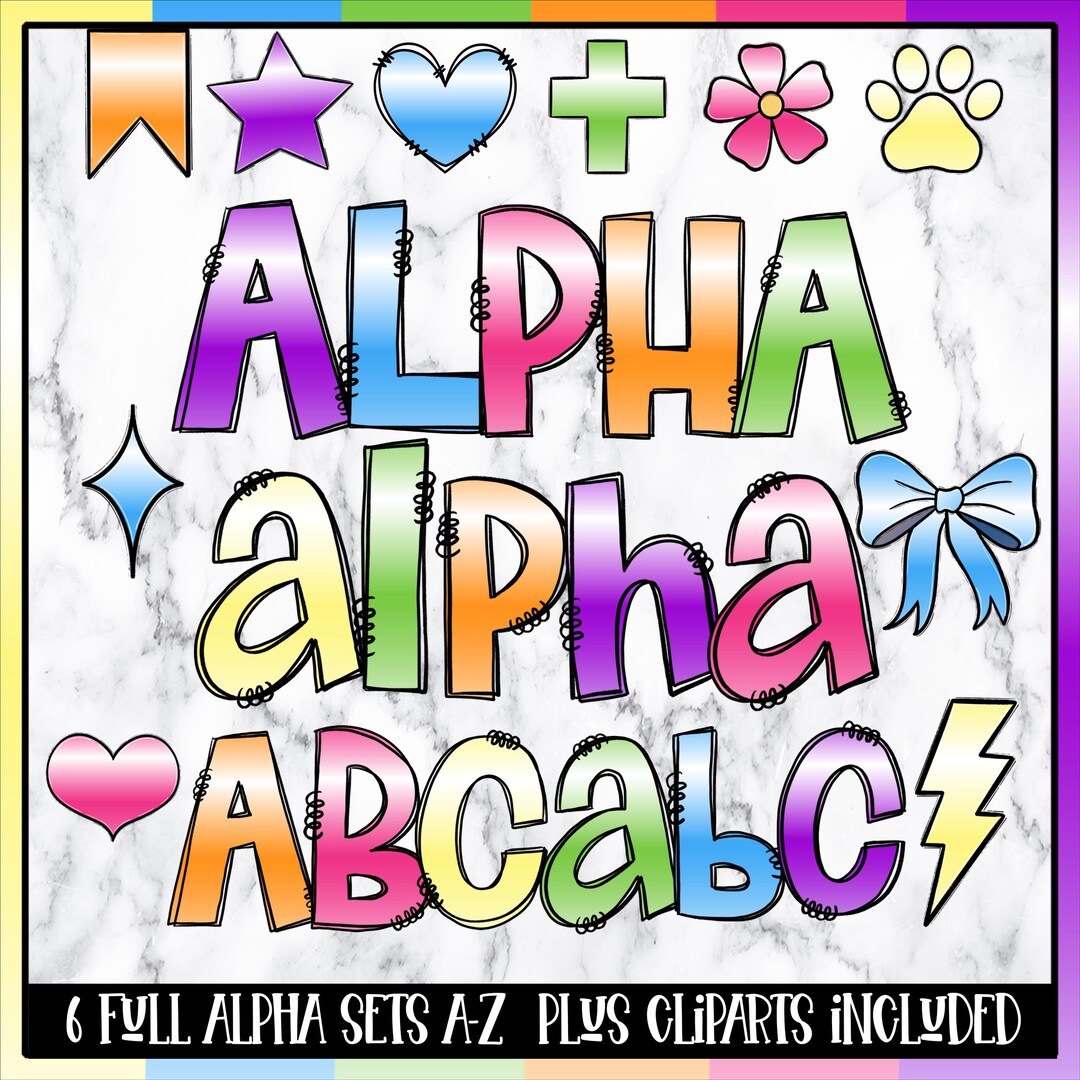 Ombre Doodle Letters Alphabet PNG Bundle, Gradient Alphabet Clipart ...