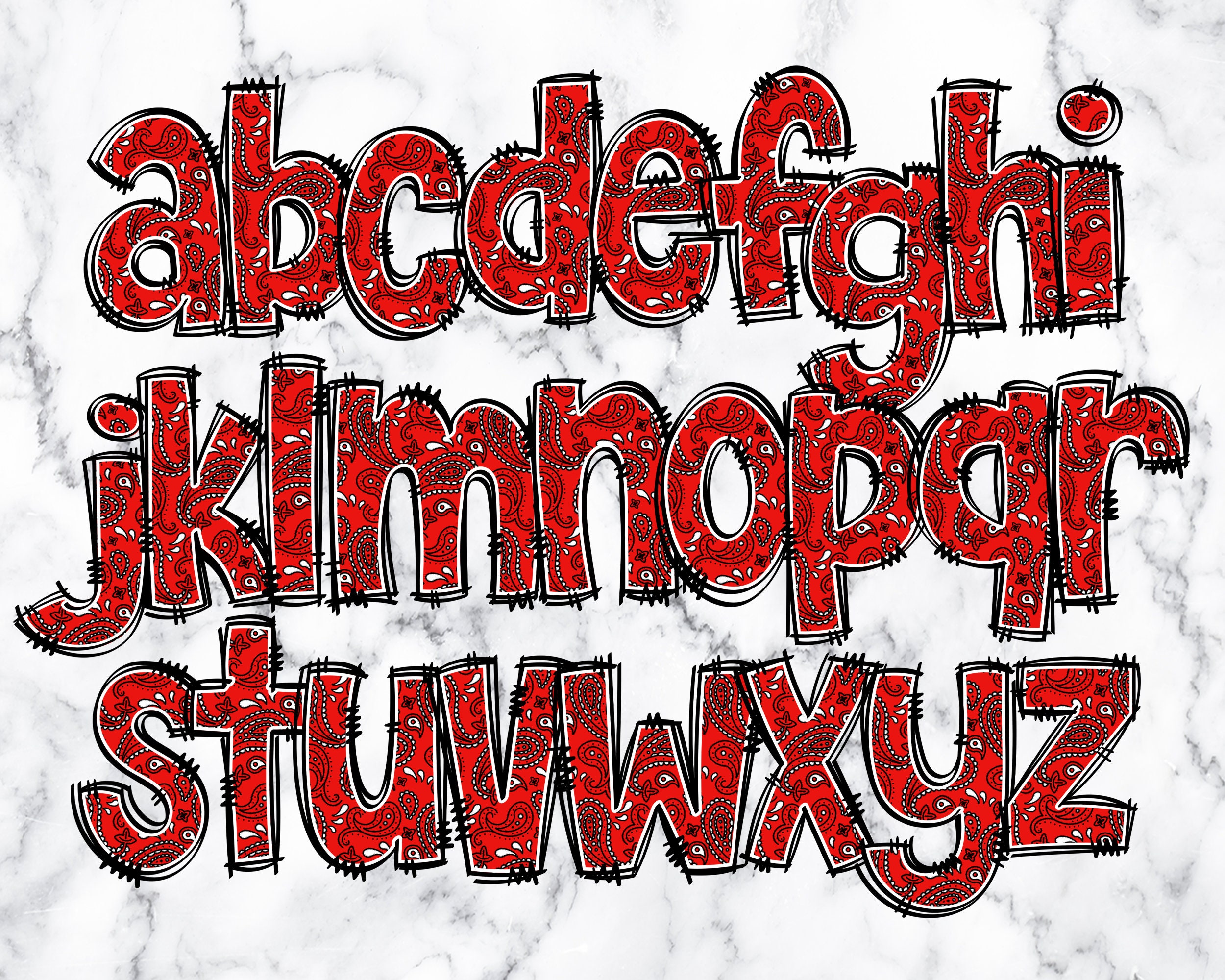 Western Doodle Alphabet Letters PNG Bundle, Alphabet Clipart, Bandana ...
