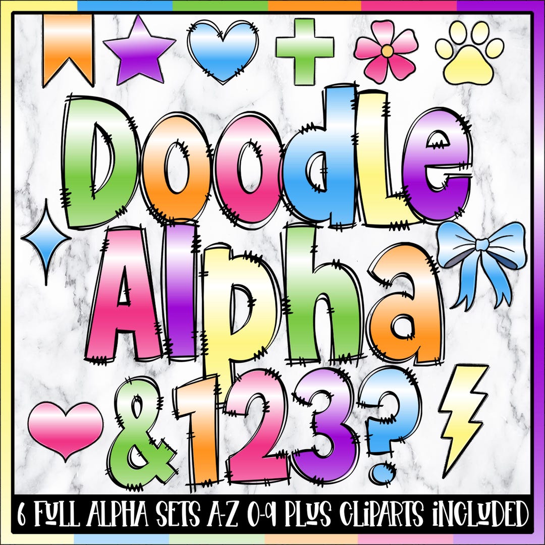Ombre Doodle Letters Alphabet PNG Bundle, Gradient Alphabet Clipart ...