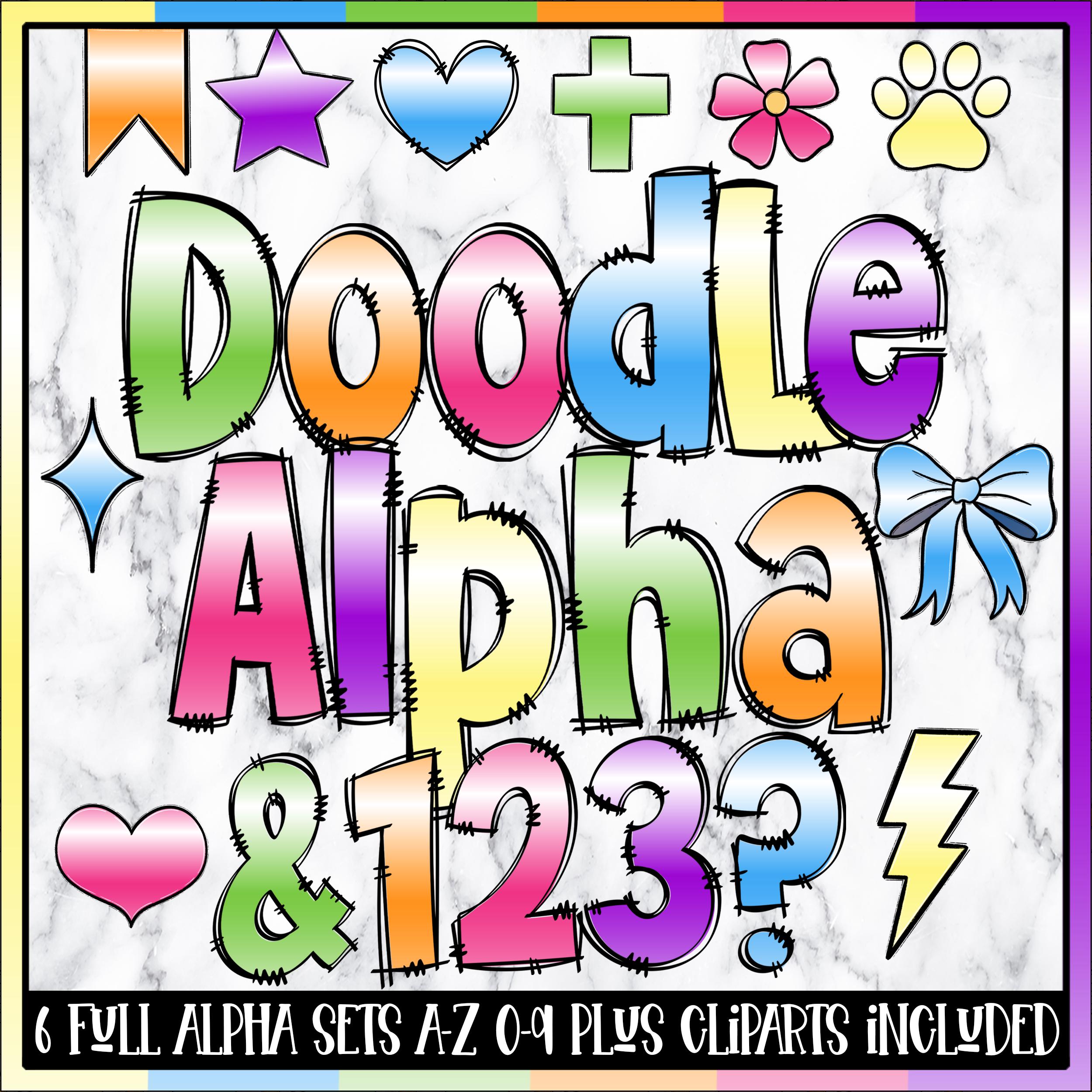 Ombre Doodle Letters Alphabet PNG Bundle, Gradient Alphabet Clipart ...