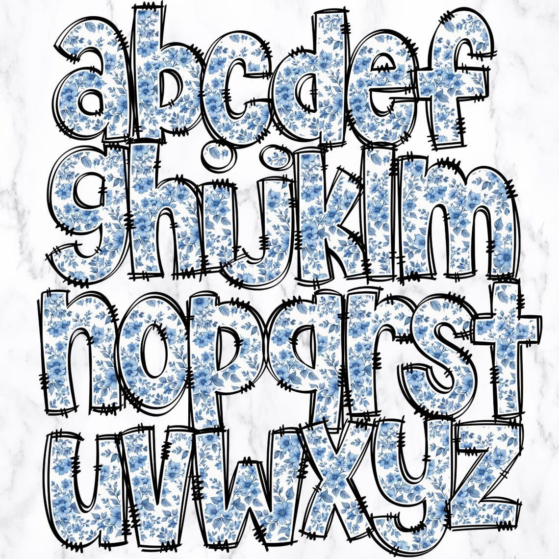Chinoiserie Floral Doodle Letters PNG Bundle, Blue Toile Alpha Clipart ...