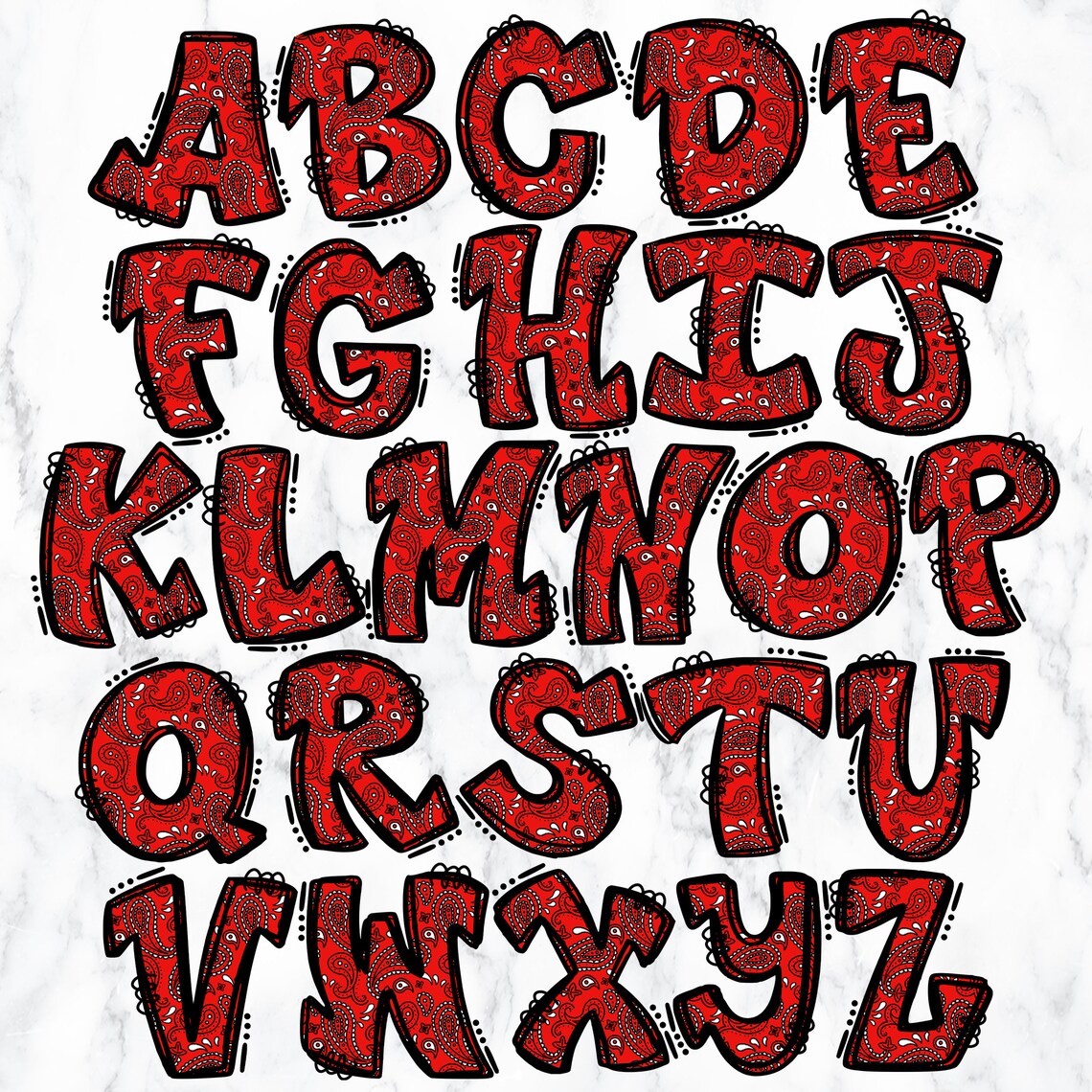 Western Doodle Letters PNG Bundle, Alphabet Clipart, Bandana Print Hand ...