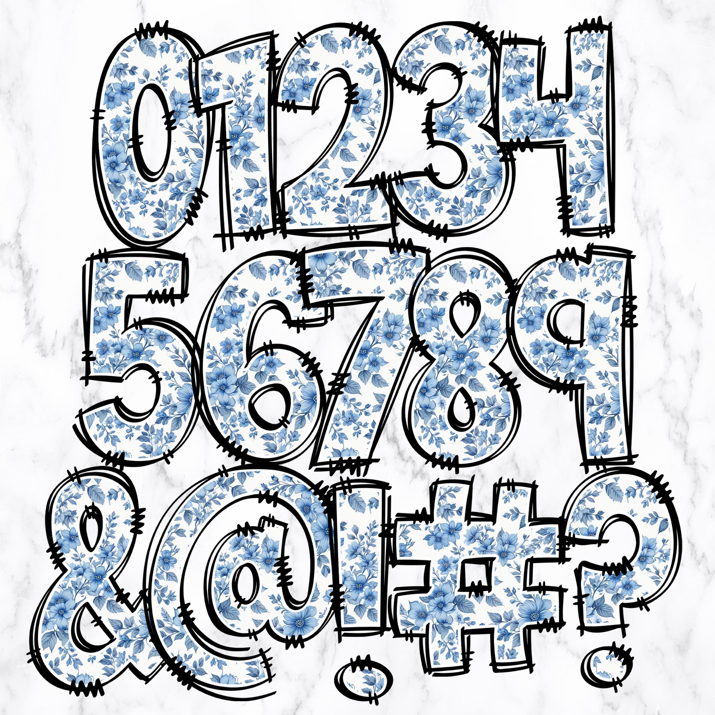 Chinoiserie Floral Doodle Letters PNG Bundle, Blue Toile Alpha Clipart ...