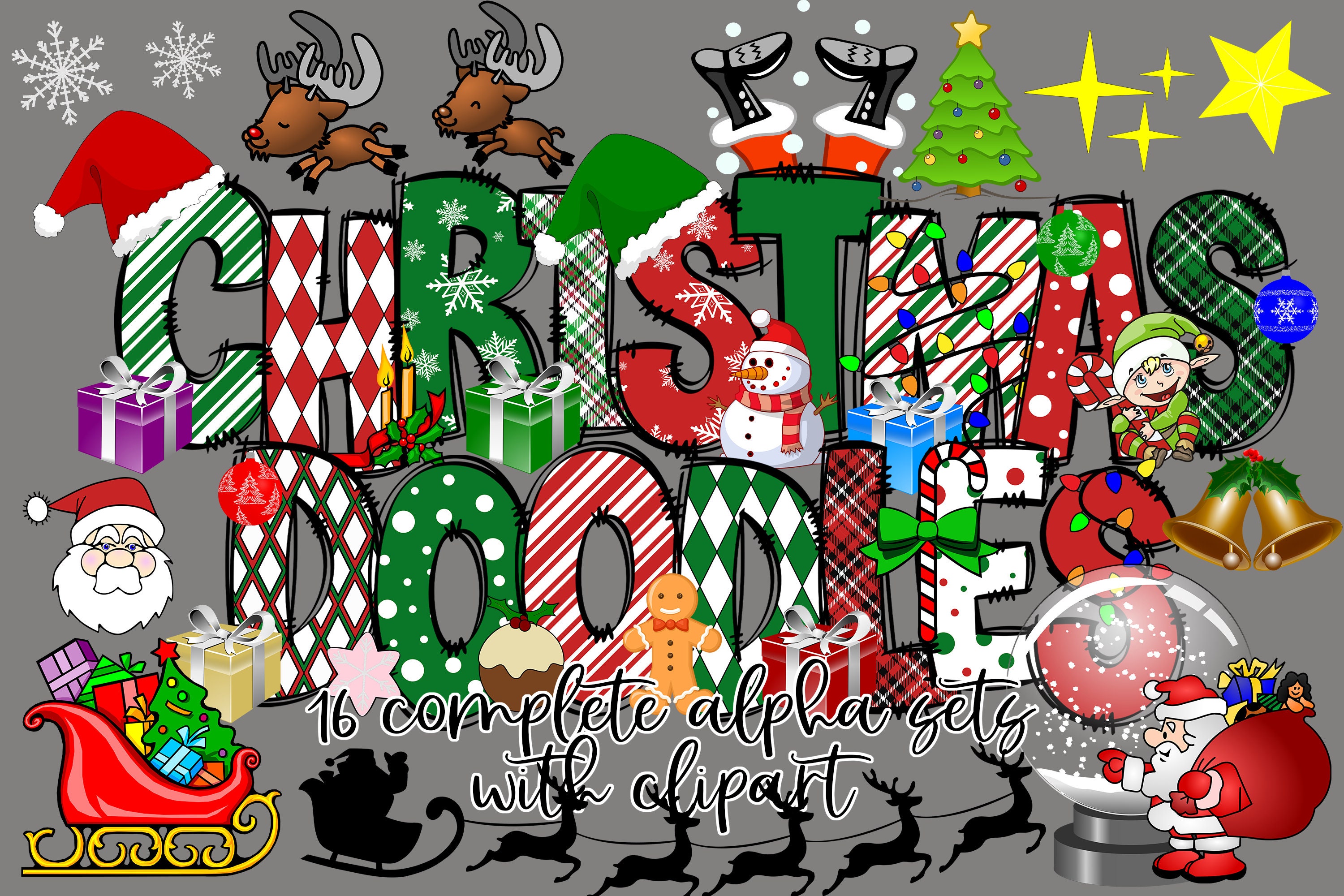 Christmas Doodle Letters Christmas Clipart Santa Sublimation - Etsy