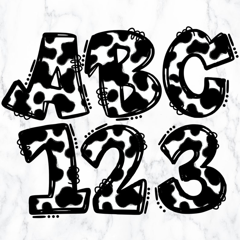Cow Print Doodle Letters PNG Bundle, Alphabet Clipart, Western Print ...
