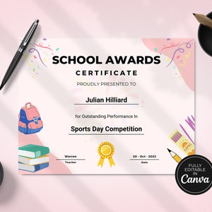 School Awards Editable Certificate, Scholarship Award Template ...