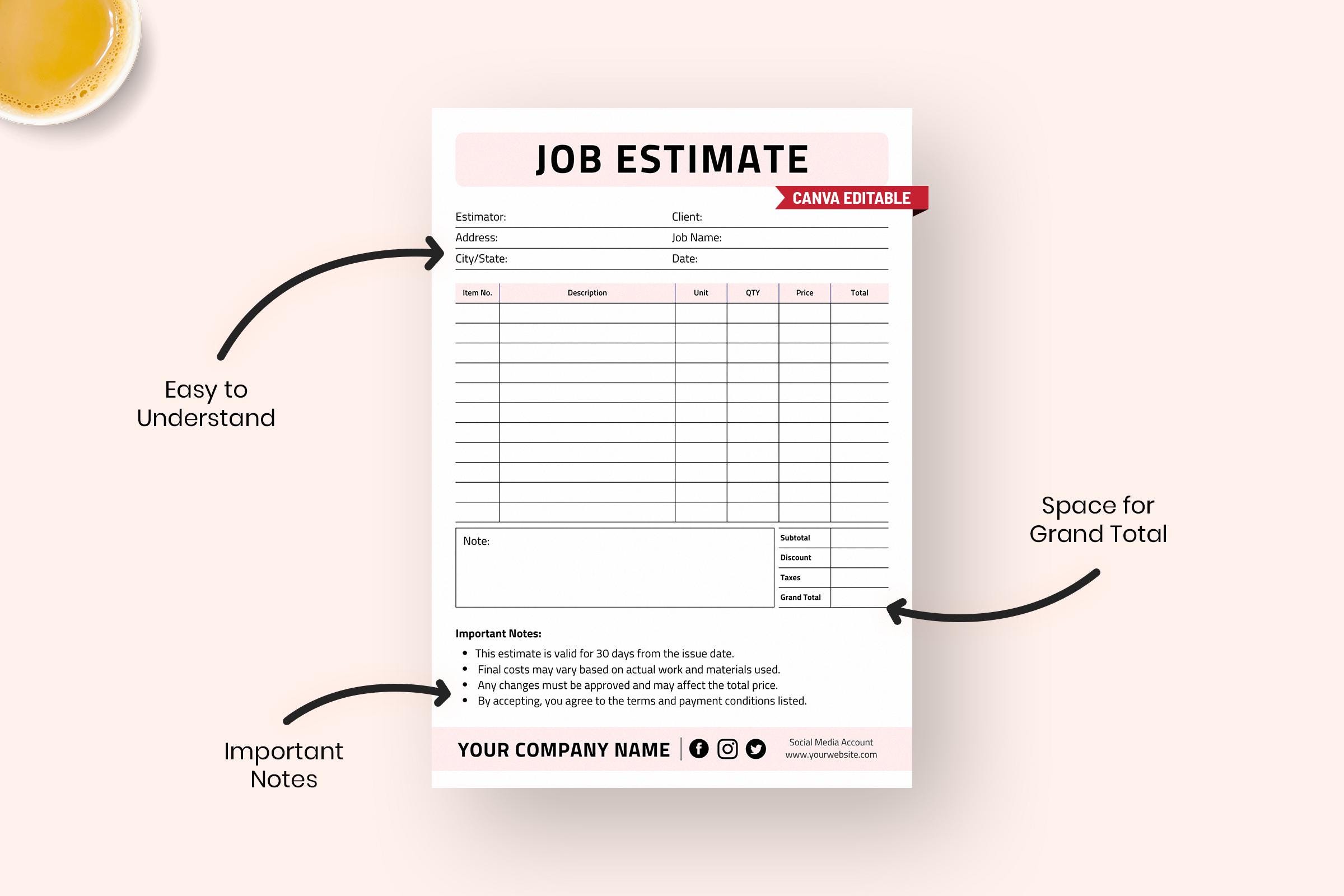 Editable Job Estimate Template, Construction, Freelance (canva, A4/A5 ...