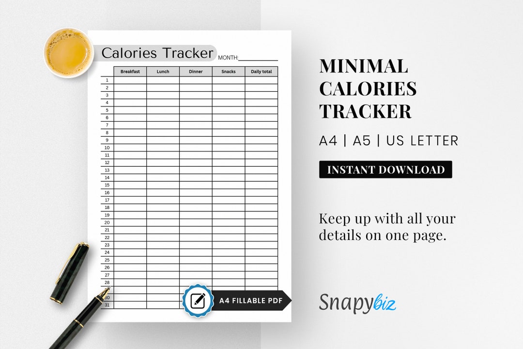 Calories Chart Log Tracker, Printable Planner Template, Diet Food Meal ...