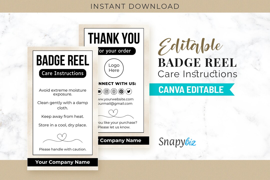 Printable Badge Reel Care Instructions Business Card Editable Badge ...